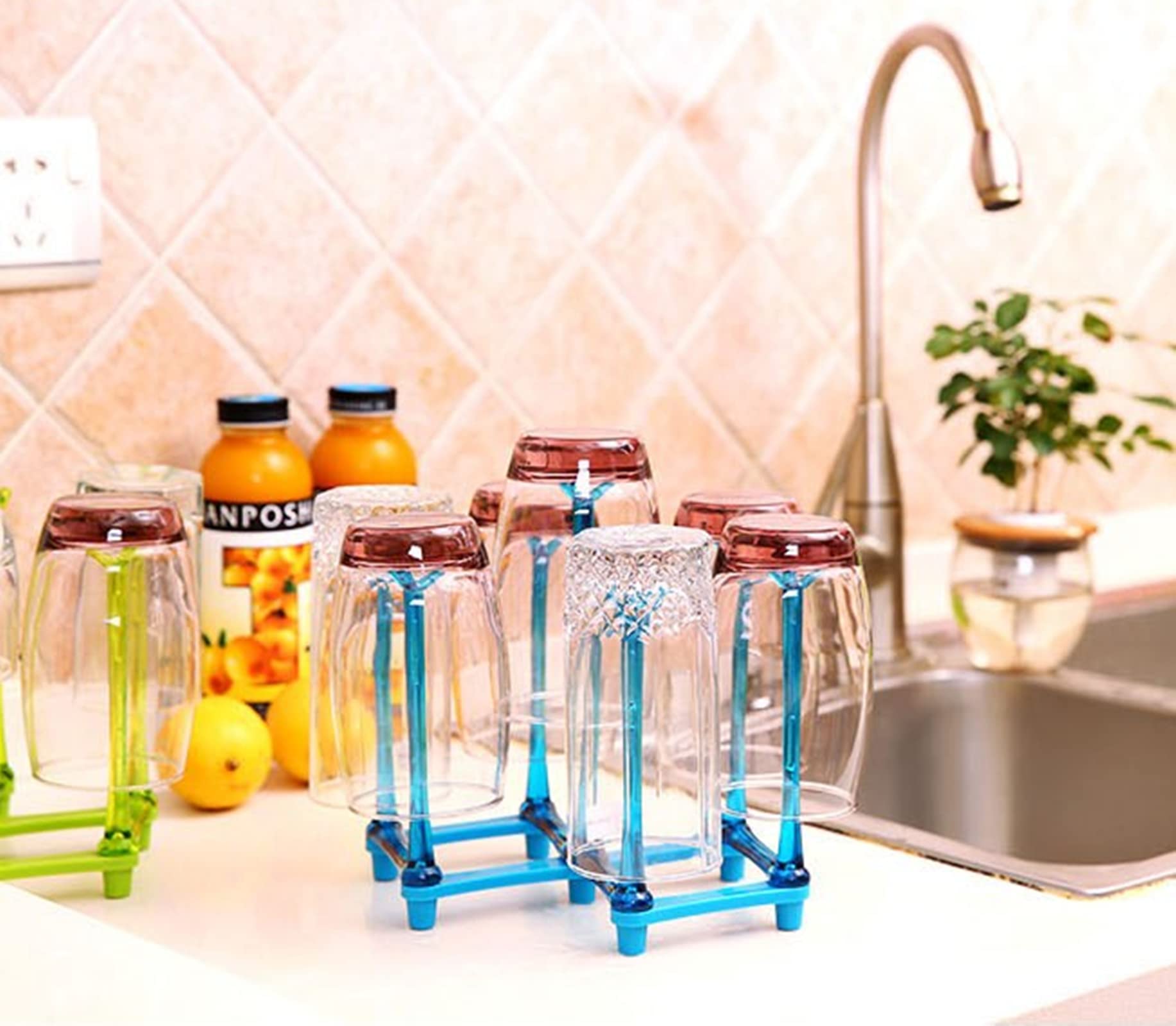 DD-life 3 Pcs Drying Holder Retractable Cup Drying Rack Drinking Glass Holder Stand Plastic Bag Dryer and Mug Tree Cup Stand Tray Holder (1Blue,1Green,1Purple