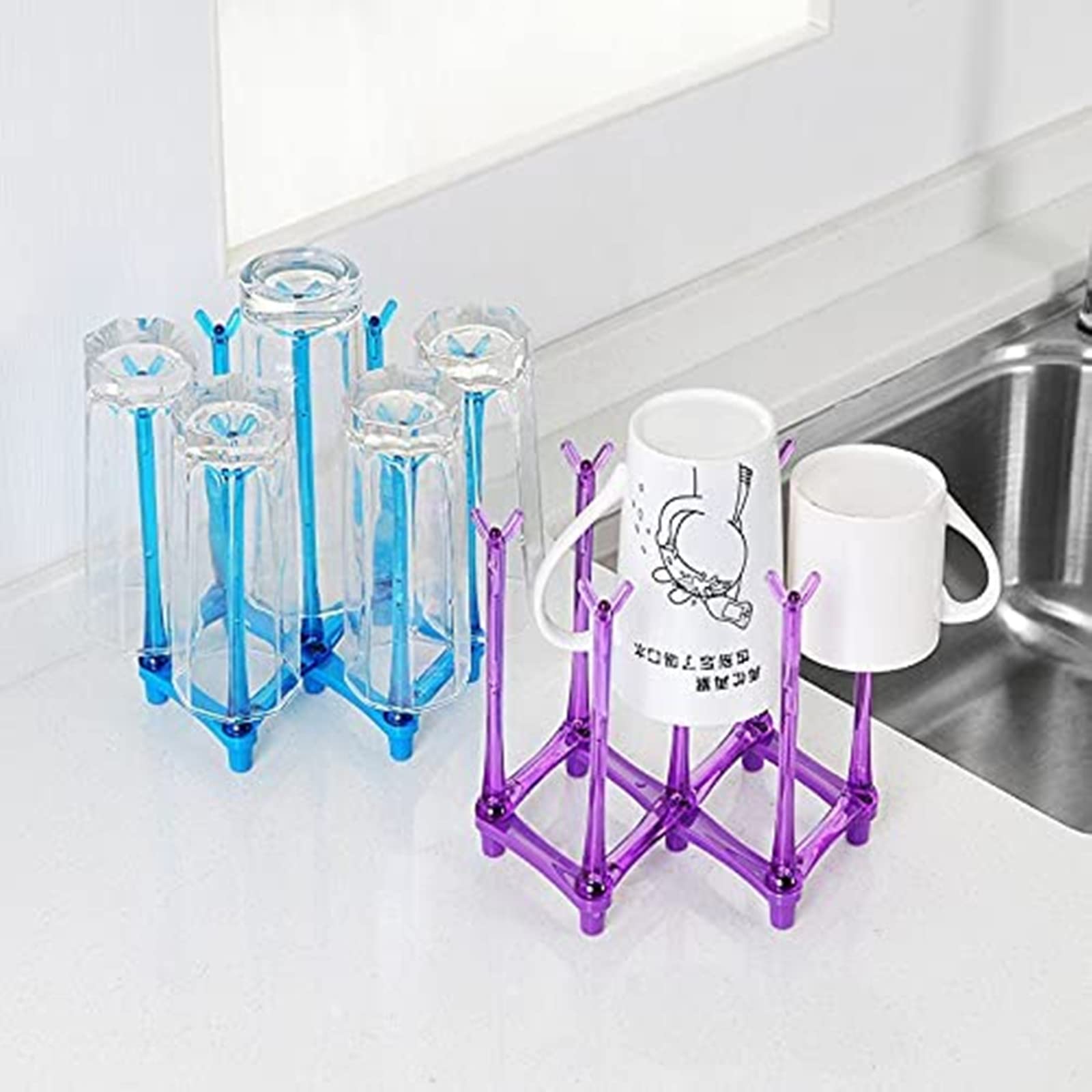 DD-life 3 Pcs Drying Holder Retractable Cup Drying Rack Drinking Glass Holder Stand Plastic Bag Dryer and Mug Tree Cup Stand Tray Holder (1Blue,1Green,1Purple