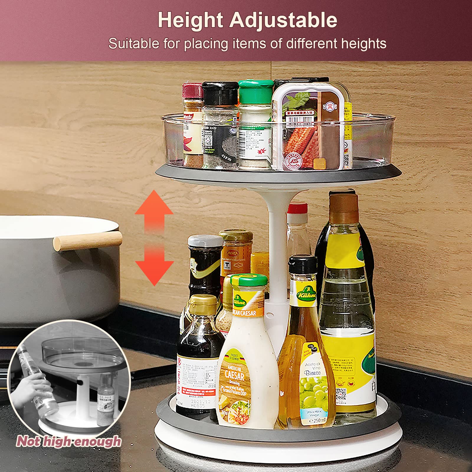 2 Tier Lazy Susan Organizer Clear Turntable for Cabinet Bathroom Countertop and Pantry with Large Spice Rack (11 Inch, White)