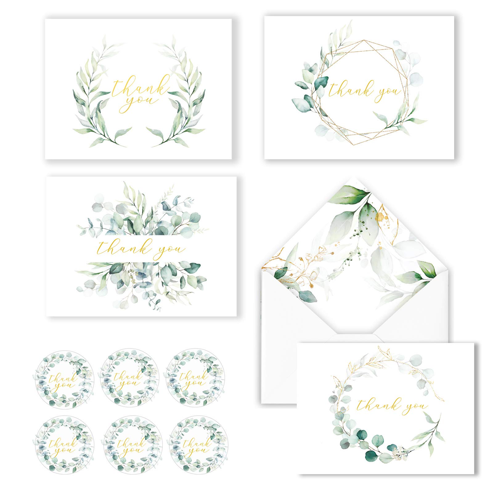 AMNADOF 100 Eucalyptus Gold Foil Thank You Cards Bulk -- Blank Note Cards with Greenery Envelopes – Include Stickers, Perfect for Wedding,Baby Shower, Bridal Shower and All Occasions