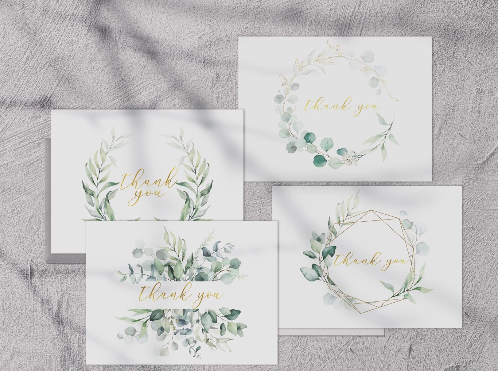 AMNADOF 100 Eucalyptus Gold Foil Thank You Cards Bulk -- Blank Note Cards with Greenery Envelopes – Include Stickers, Perfect for Wedding,Baby Shower, Bridal Shower and All Occasions