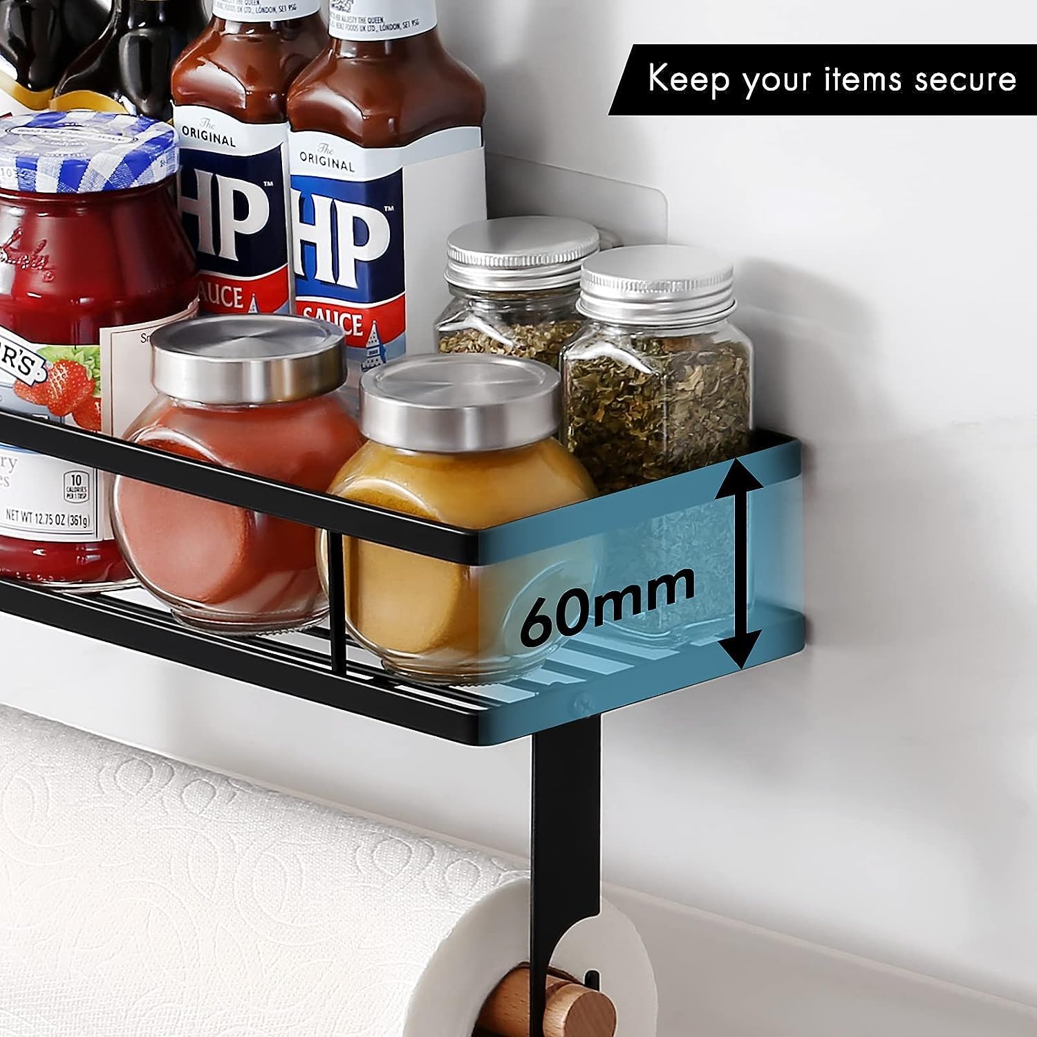KES Paper Towel Holder with Shelf Storage Wall Mount, Adhesive Paper Towel Holder with Spice Holder for Kitchen, Hanging Spice Rack, Matte Black, KPH506DF-BK