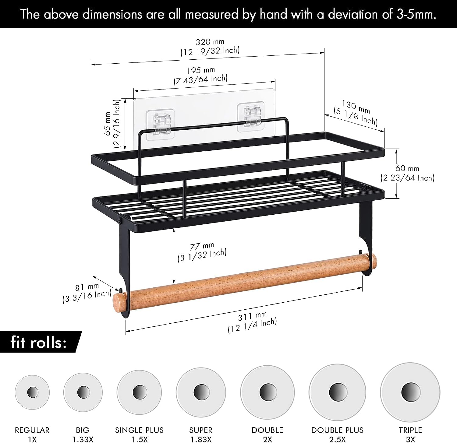 KES Paper Towel Holder with Shelf Storage Wall Mount, Adhesive Paper Towel Holder with Spice Holder for Kitchen, Hanging Spice Rack, Matte Black, KPH506DF-BK