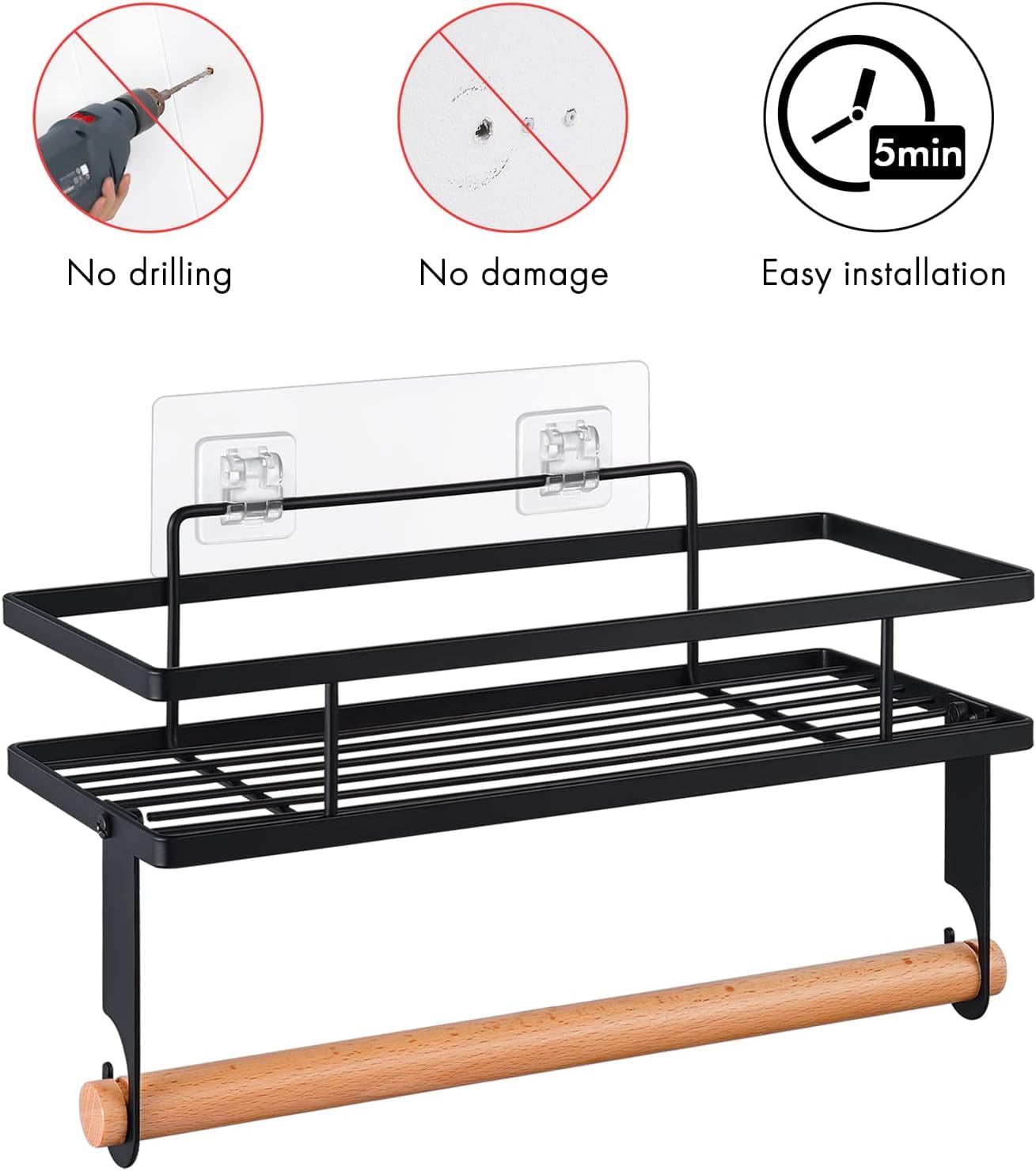 KES Paper Towel Holder with Shelf Storage Wall Mount, Adhesive Paper Towel Holder with Spice Holder for Kitchen, Hanging Spice Rack, Matte Black, KPH506DF-BK