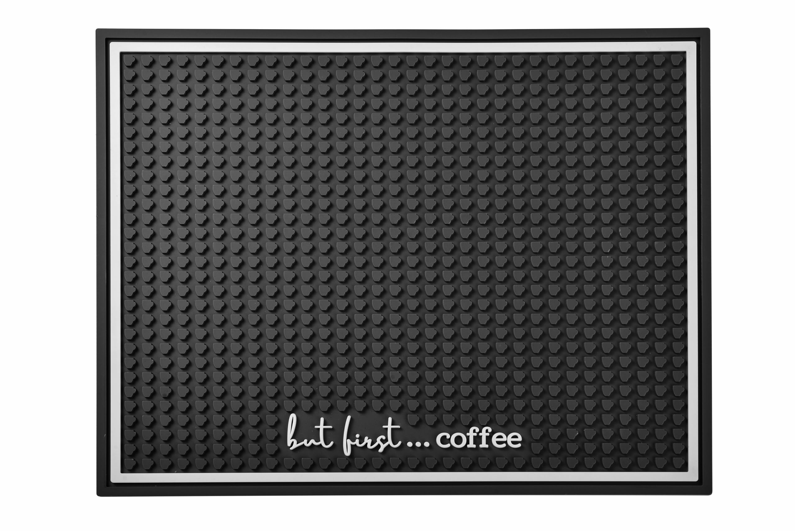 URBN Premium Thick Non-Slip"But First Coffee" Rubber Spill Mat for Countertop or Kitchen Bars, 18in x 14in x 0.4in - Black