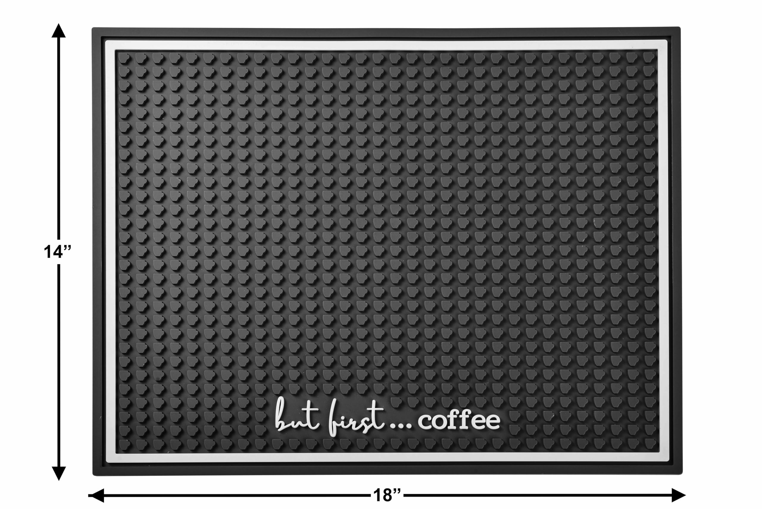 URBN Premium Thick Non-Slip"But First Coffee" Rubber Spill Mat for Countertop or Kitchen Bars, 18in x 14in x 0.4in - Black