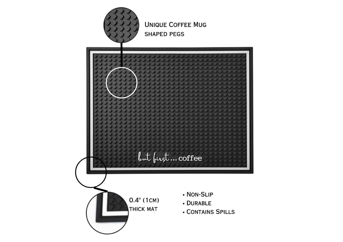 URBN Premium Thick Non-Slip"But First Coffee" Rubber Spill Mat for Countertop or Kitchen Bars, 18in x 14in x 0.4in - Black