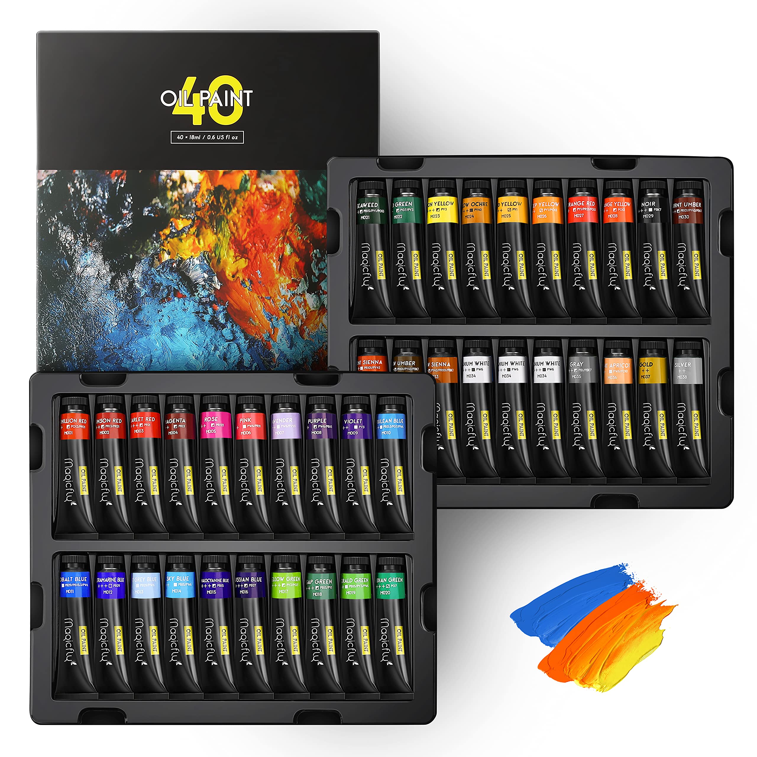 Magicfly Professional Oil Paint Set, 40 Tubes (18ml/0.6oz) including Classic, Metallic Gold, Silver & 3 White Colors, Rich Vibrant, Non-Toxic Oil Paints for Canvas Painting, Oil Paint Supplies for Artists, Hobby Painters and Beginners