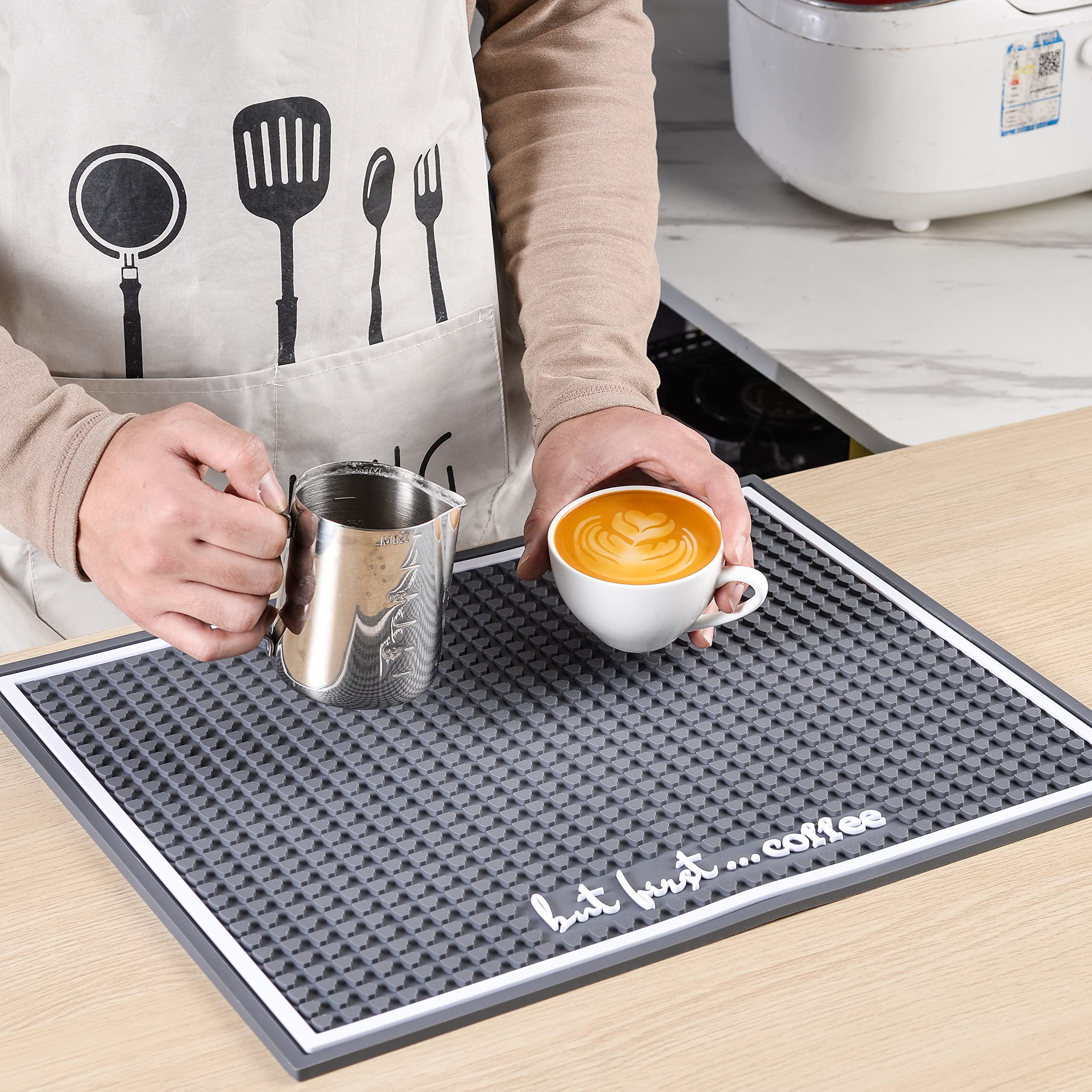 URBN Premium Thick Non-Slip"But First Coffee" Rubber Spill Mat for Countertop or Kitchen Bars, 18in x 14in x 0.4in - Black