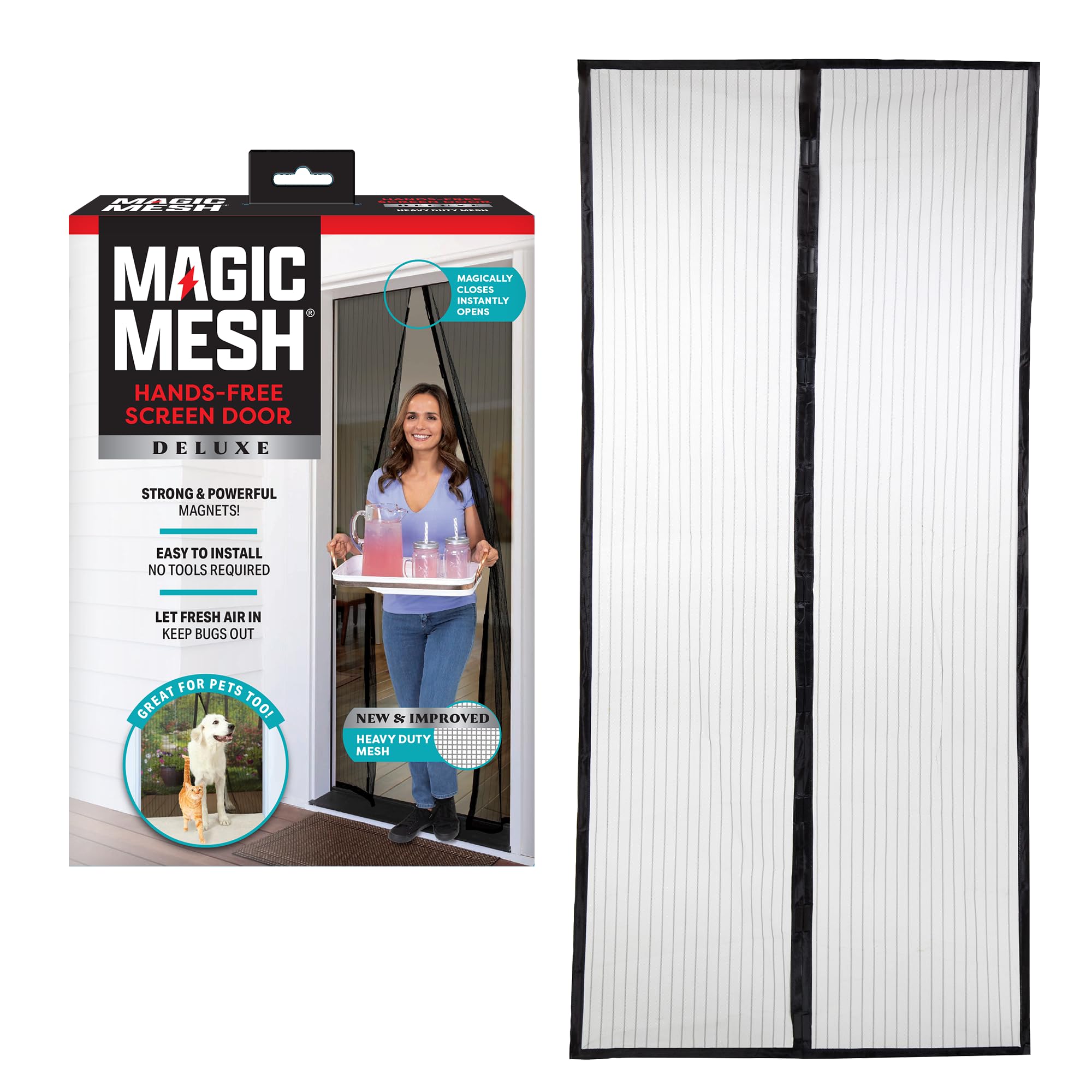 Magic Mesh Deluxe- Black- Hands Free Magnetic Screen Door, Mesh Curtain Keeps Bugs Out, Frame Hook & Loop, Hands Free, Pet & Kid Friendly- Fits Doors up to 39 x 83 Inches