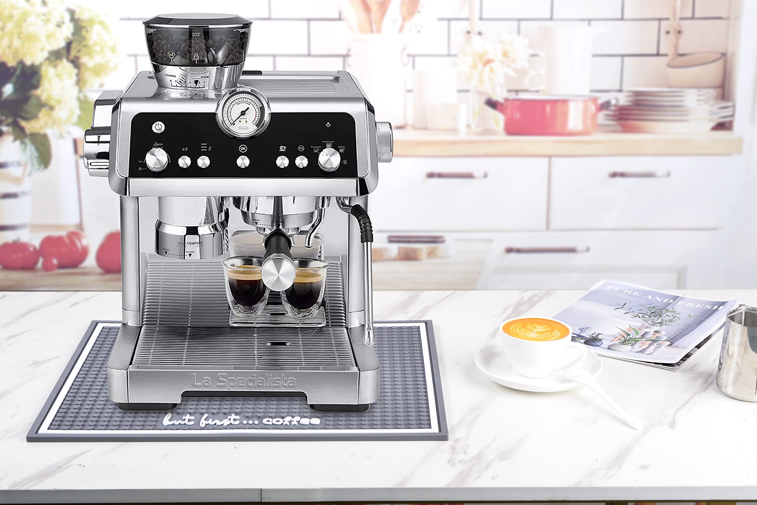 URBN Premium Thick Non-Slip"But First Coffee" Rubber Spill Mat for Countertop or Kitchen Bars, 18in x 14in x 0.4in - Black
