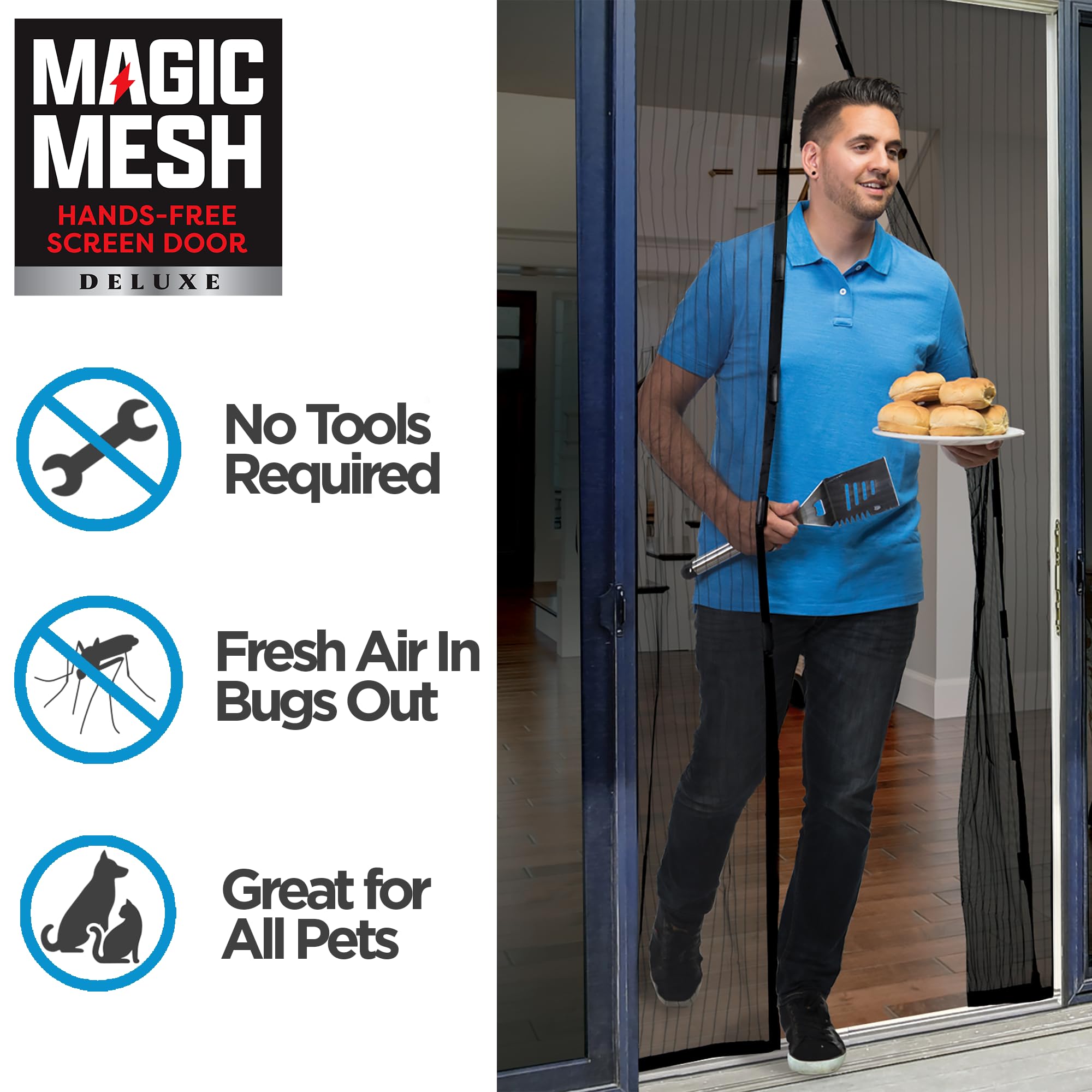Magic Mesh Deluxe- Black- Hands Free Magnetic Screen Door, Mesh Curtain Keeps Bugs Out, Frame Hook & Loop, Hands Free, Pet & Kid Friendly- Fits Doors up to 39 x 83 Inches