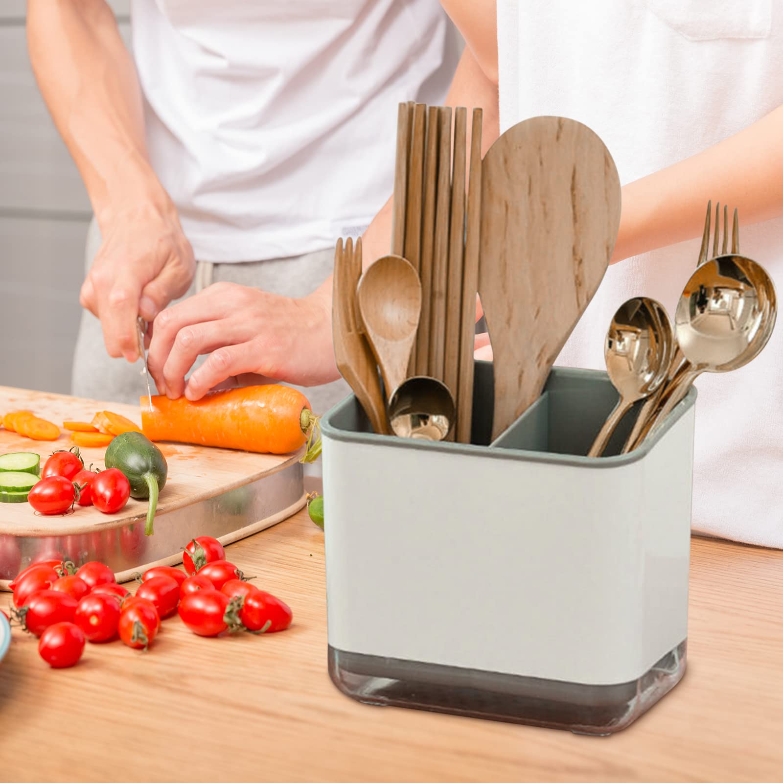 Utensil Holder Cutlery Drainer Sink Caddy, Chopsticks Holder Spoon Chopsticks Fork Drain Rack Basket Storage Holder Organizer Compartment Box-Grey
