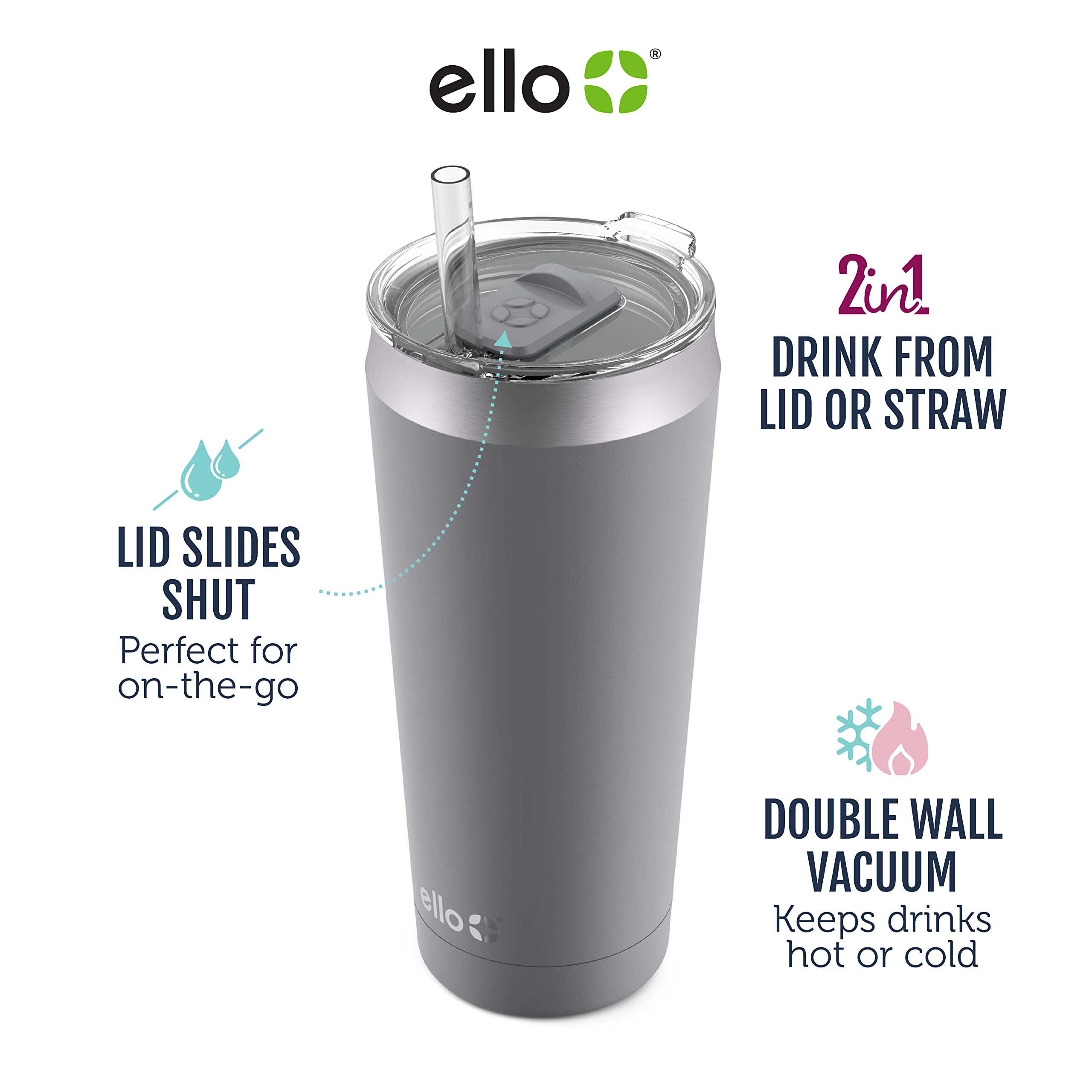 Ello Beacon Vacuum Insulated Stainless Steel Tumbler with Slider Lid and Optional Straw, 24 oz, Black