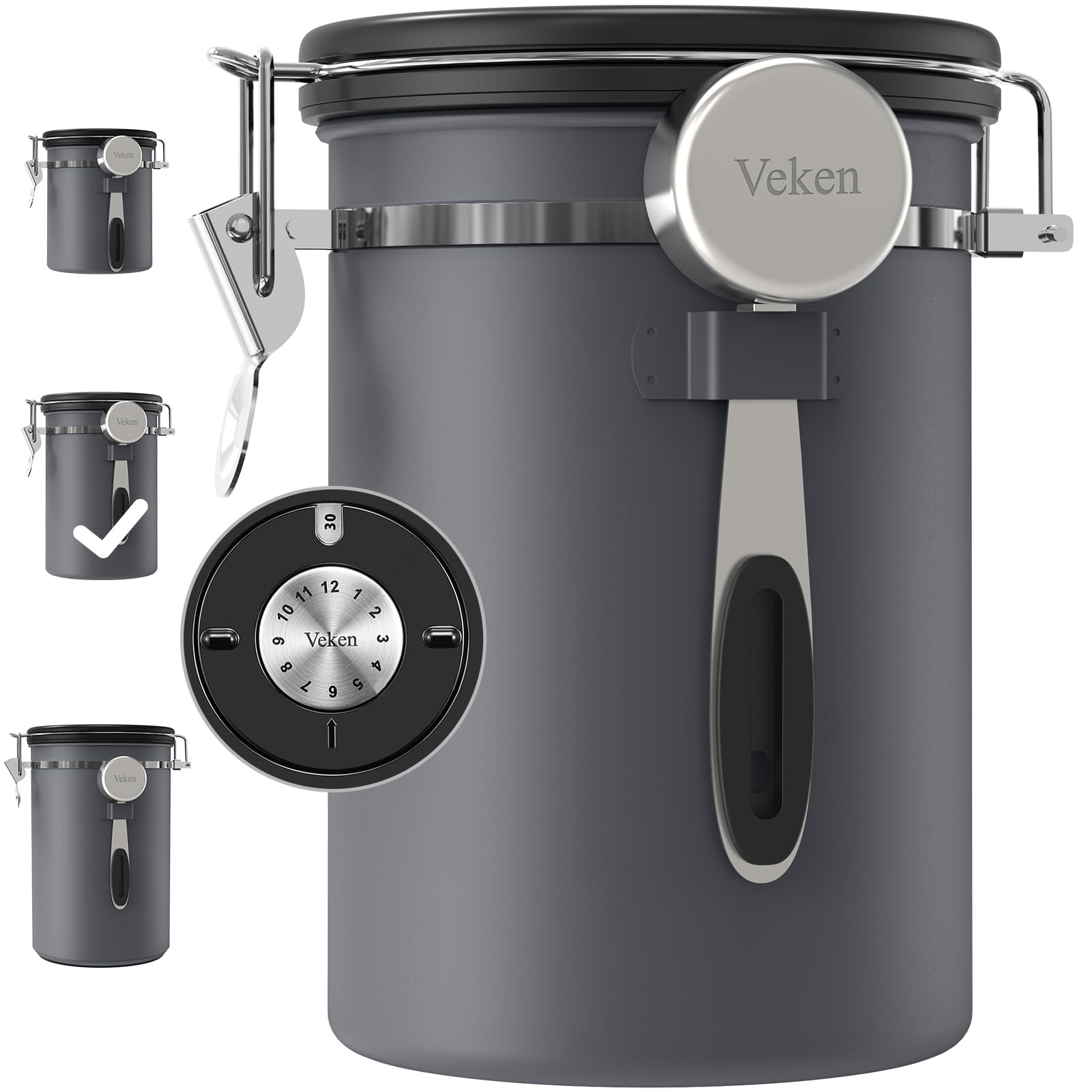 Veken Coffee Canister, Airtight Stainless Steel Kitchen Food Storage Container with Date Tracker and Scoop for Grounds Coffee, Beans, Tea, Flour, Cereal, Sugar, 22OZ, Gray