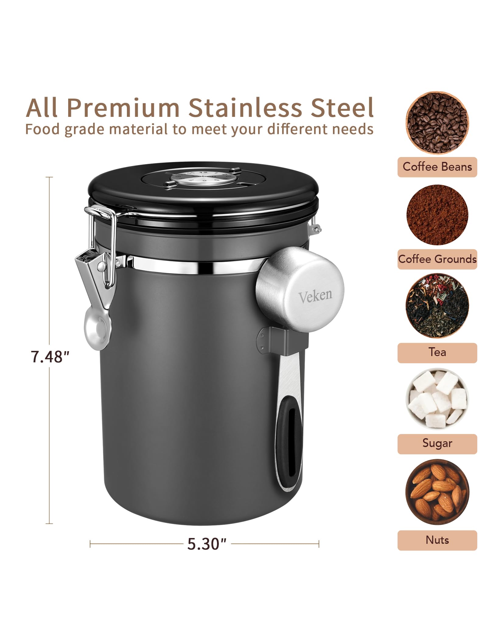 Veken Coffee Canister, Airtight Stainless Steel Kitchen Food Storage Container with Date Tracker and Scoop for Grounds Coffee, Beans, Tea, Flour, Cereal, Sugar, 22OZ, Gray