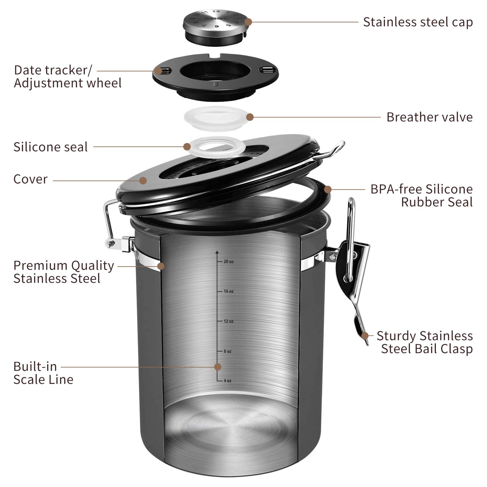 Veken Coffee Canister, Airtight Stainless Steel Kitchen Food Storage Container with Date Tracker and Scoop for Grounds Coffee, Beans, Tea, Flour, Cereal, Sugar, 22OZ, Gray