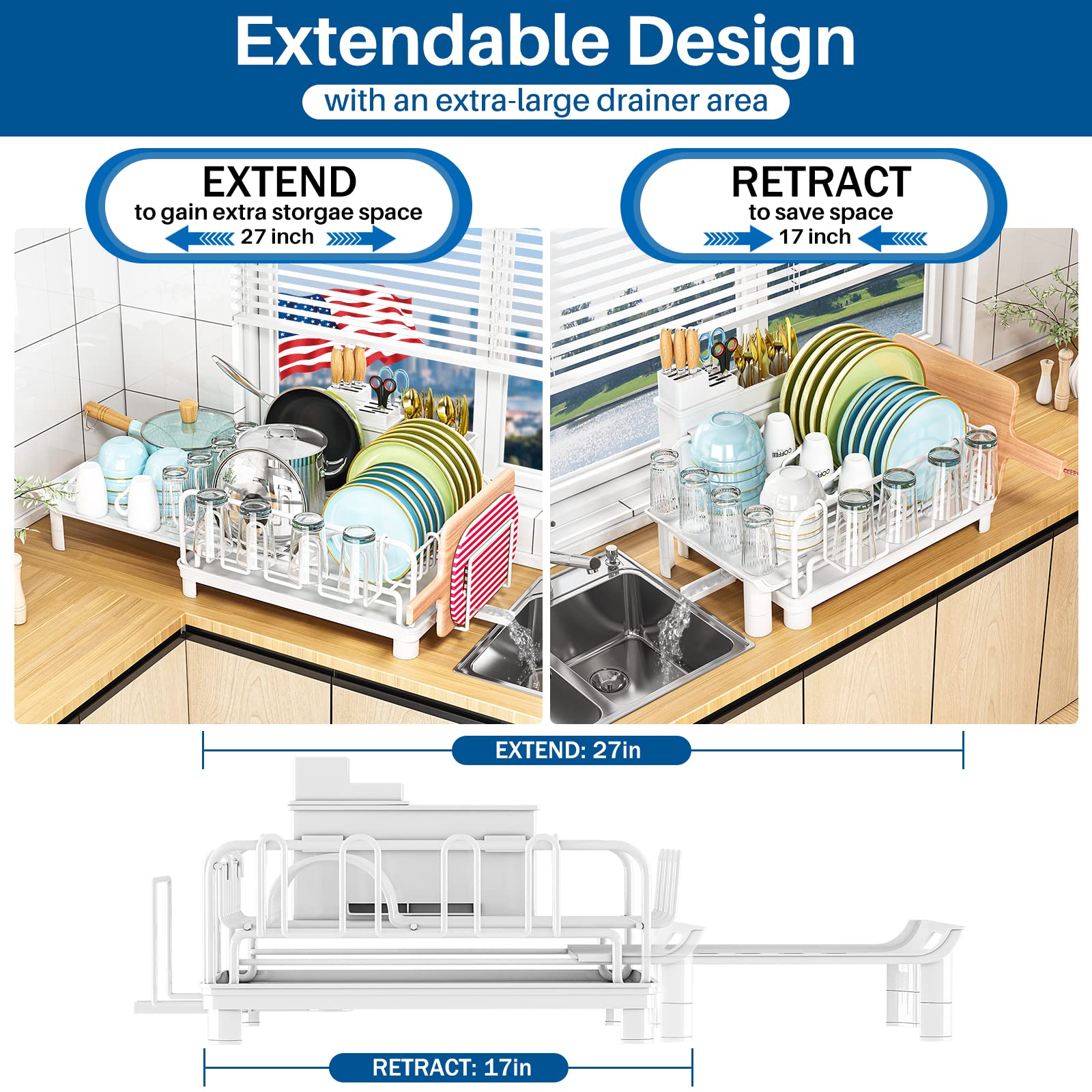 Gsiekare Large Dish Drying Rack, Expandable Dish Rack Kitchen Sink Organizer, Dish Drainer with Cutlery & Cup Holders for Kitchen Organization, Anti-Rust Drying Rack for Kitchen Counter White