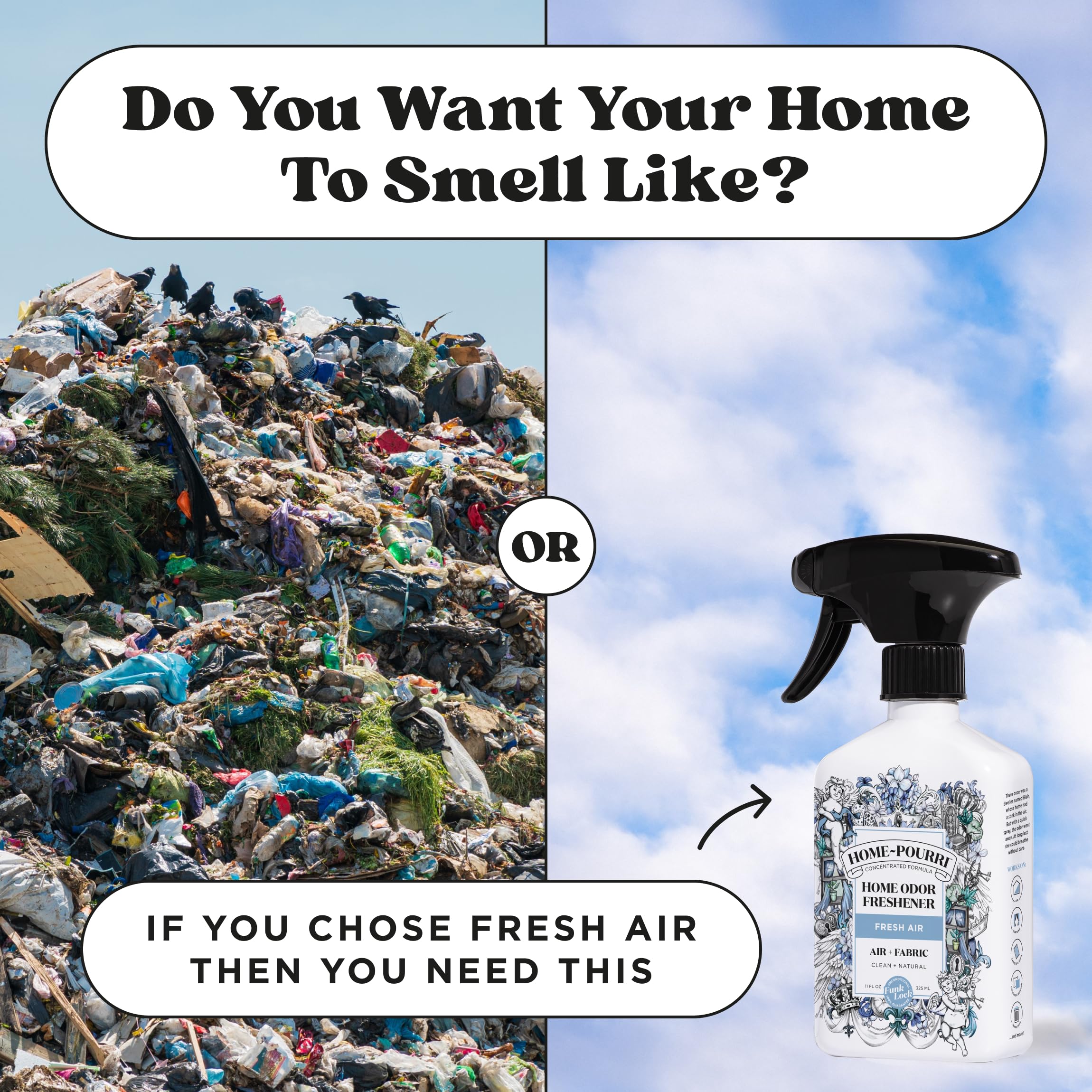 Home-Pourri Air + Fabric Multi-Purpose Odor Eliminator, Fresh Air, 11 Fl Oz - Jasmine, Fresh Air and Mint