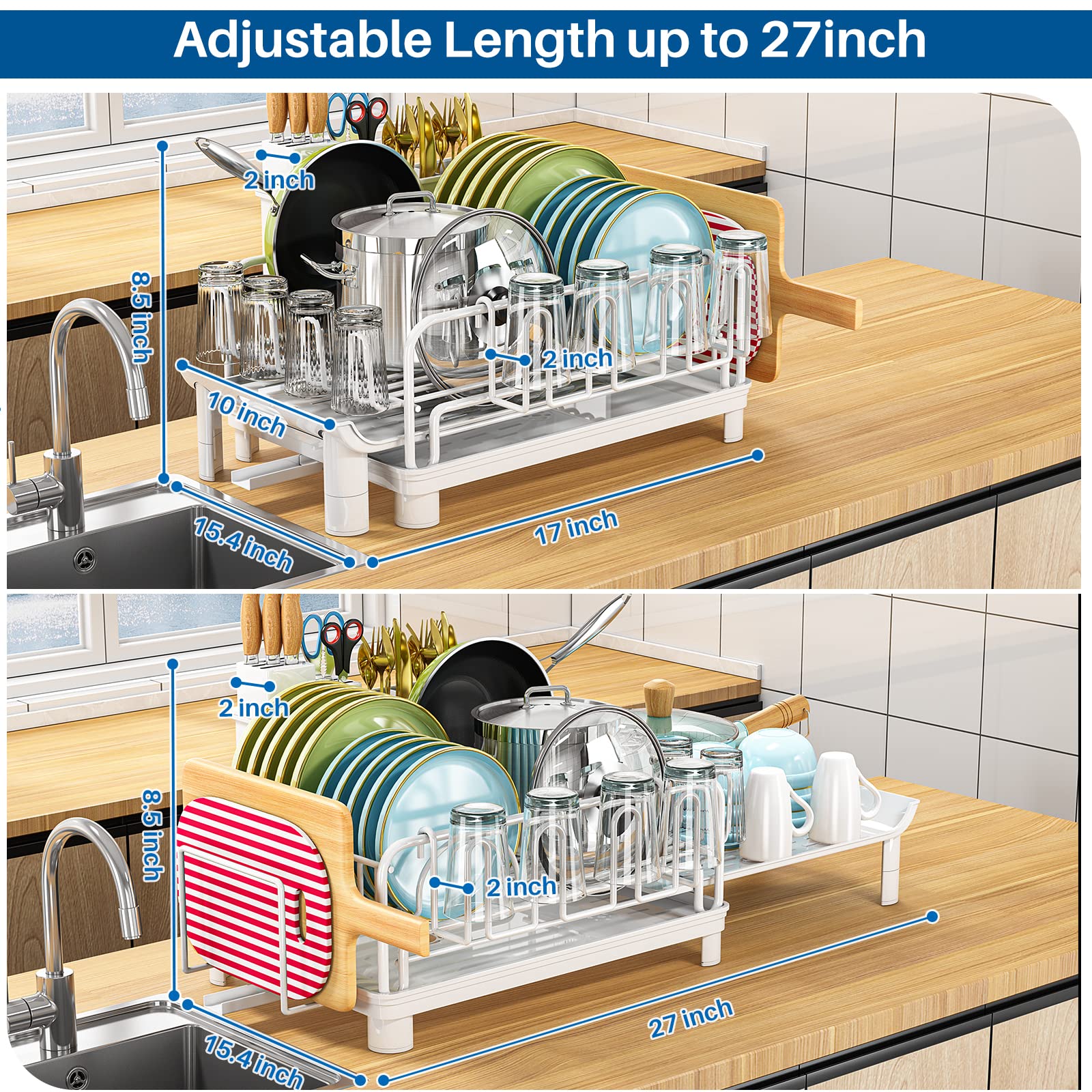 Gsiekare Large Dish Drying Rack, Expandable Dish Rack Kitchen Sink Organizer, Dish Drainer with Cutlery & Cup Holders for Kitchen Organization, Anti-Rust Drying Rack for Kitchen Counter White