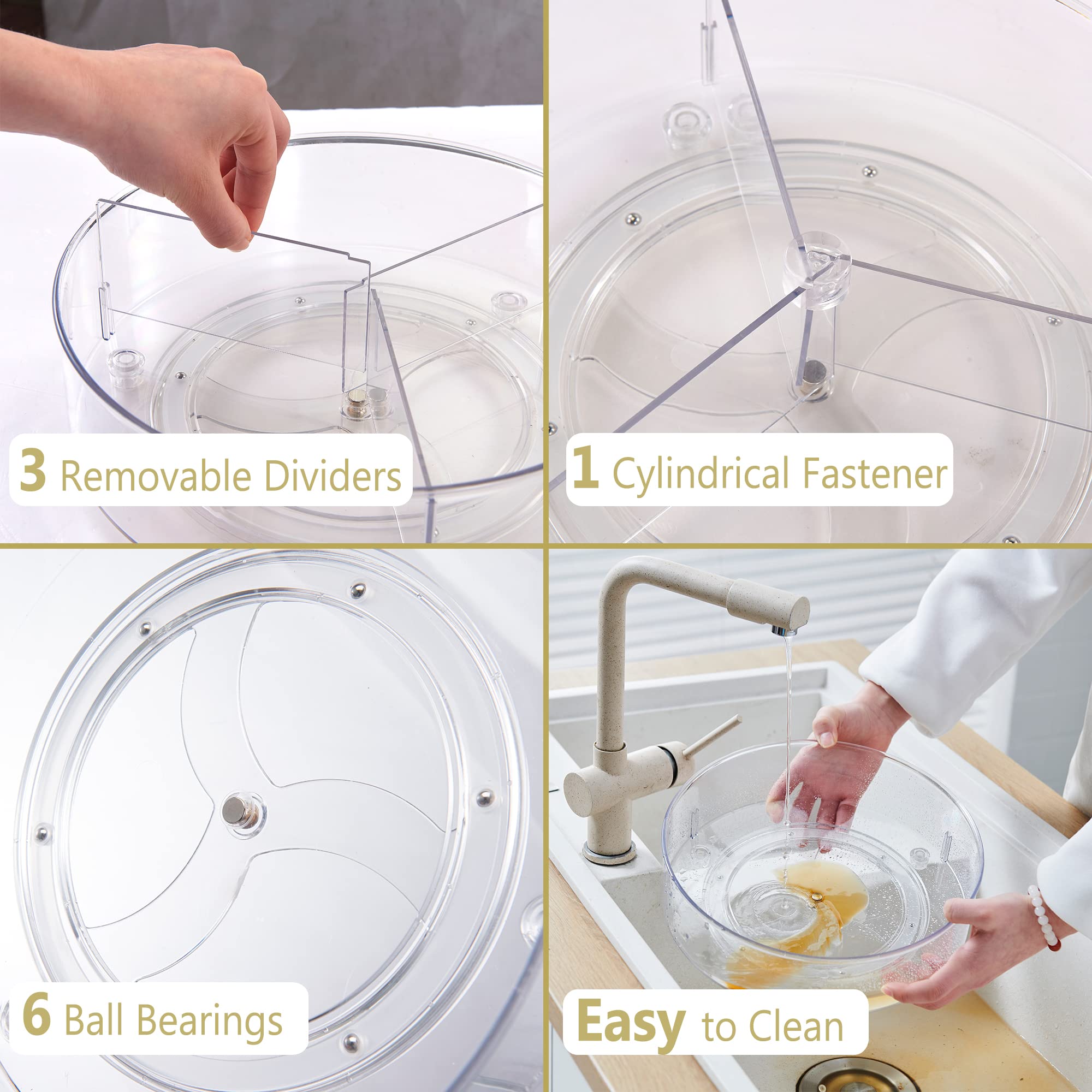 Empaxum Clear Lazy Susan Organizer with 3 Dividers 10.7" Plastic Divided Lazy Susan Turntable for Cabinet Medicine Cabinet Organizer Divided Spinning Storage for Kitchen, Pantry, Countertop, Bathroom
