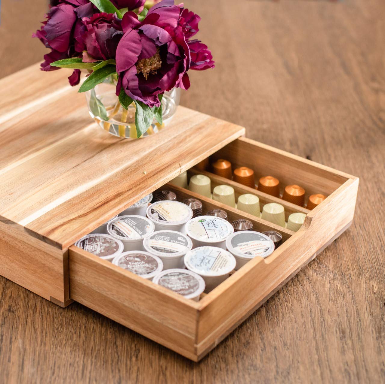 Select Essentials Coffee Pod Drawer - Acacia Wood Coffee Storage Drawer, Espresso Pods Holder, Rustic Coffee Pod Holder for Kitchen, Wooden Coffee Pod Organizer compatible with K Cups/OringinalLine