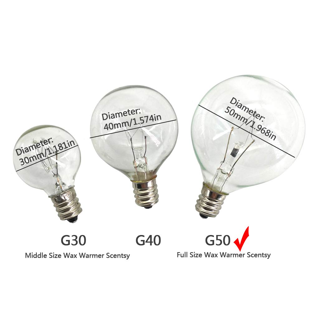 6 Pack Wax Warmer Bulbs,G50 25 Watt Bulbs for Full Size Scentsy Warmers,G16.5 Globe E12 Incandescent Candelabra Base Clear Light Bulbs for Wax Warmer,1.97 Inches,Long Last Lifespan