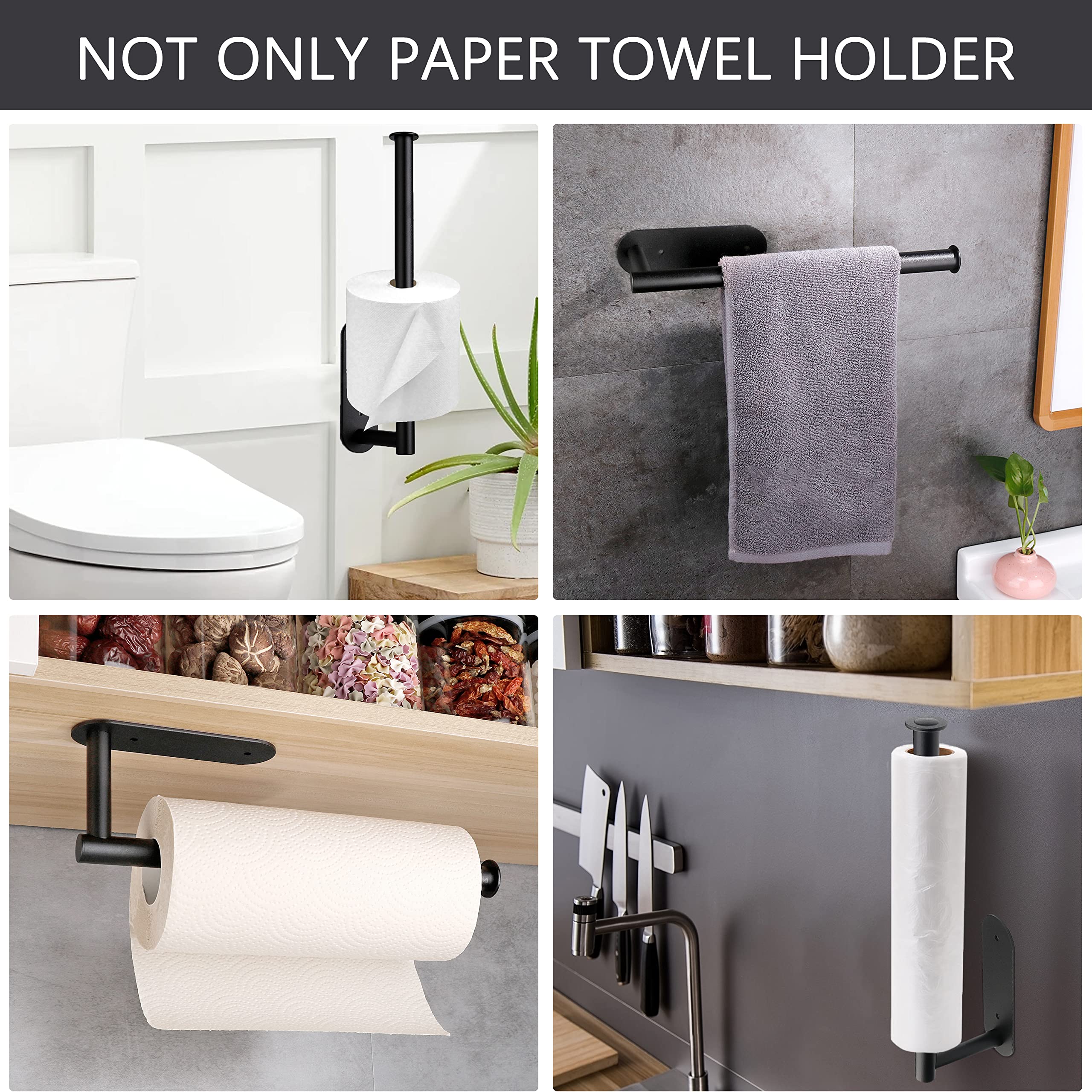 EARTHALL Hanging Paper Towel Holder Under Cabinet no Drilling, Black Hand Towel Holder for Bathroom Wall, Self Adhesive Paper Towel Holder Wall Mount, Paper Towel Rack for Kitchen/RV, Kitchen Decor