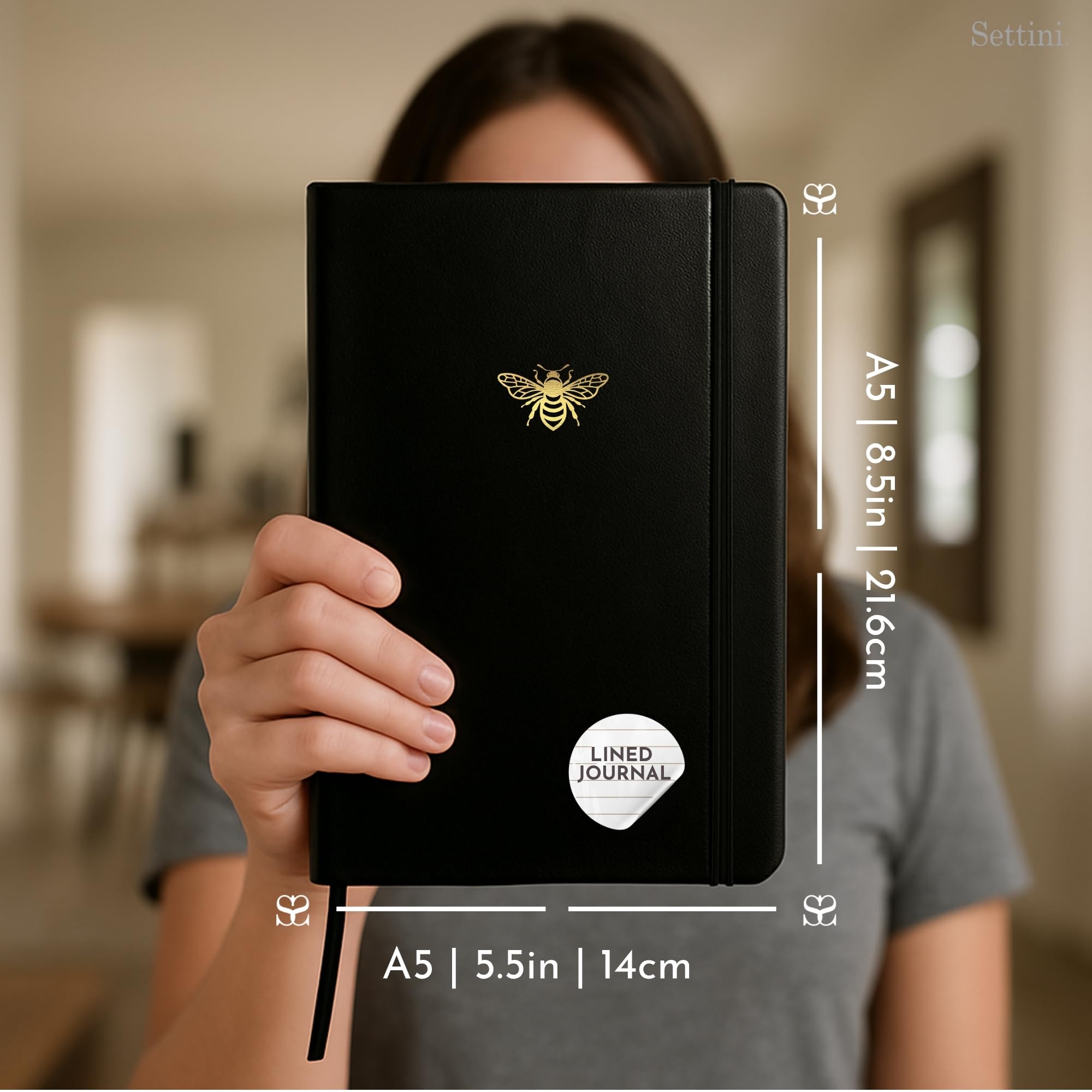 SETTINI Journals for Writing - Gift for Women and Men - Hardcover Notebook - Cute Journal - Lined Journal - Writing Journal -Faux Leather, Elastic Closure, Bookmark, Inner Pocket. Lay Flat (Black Bee)