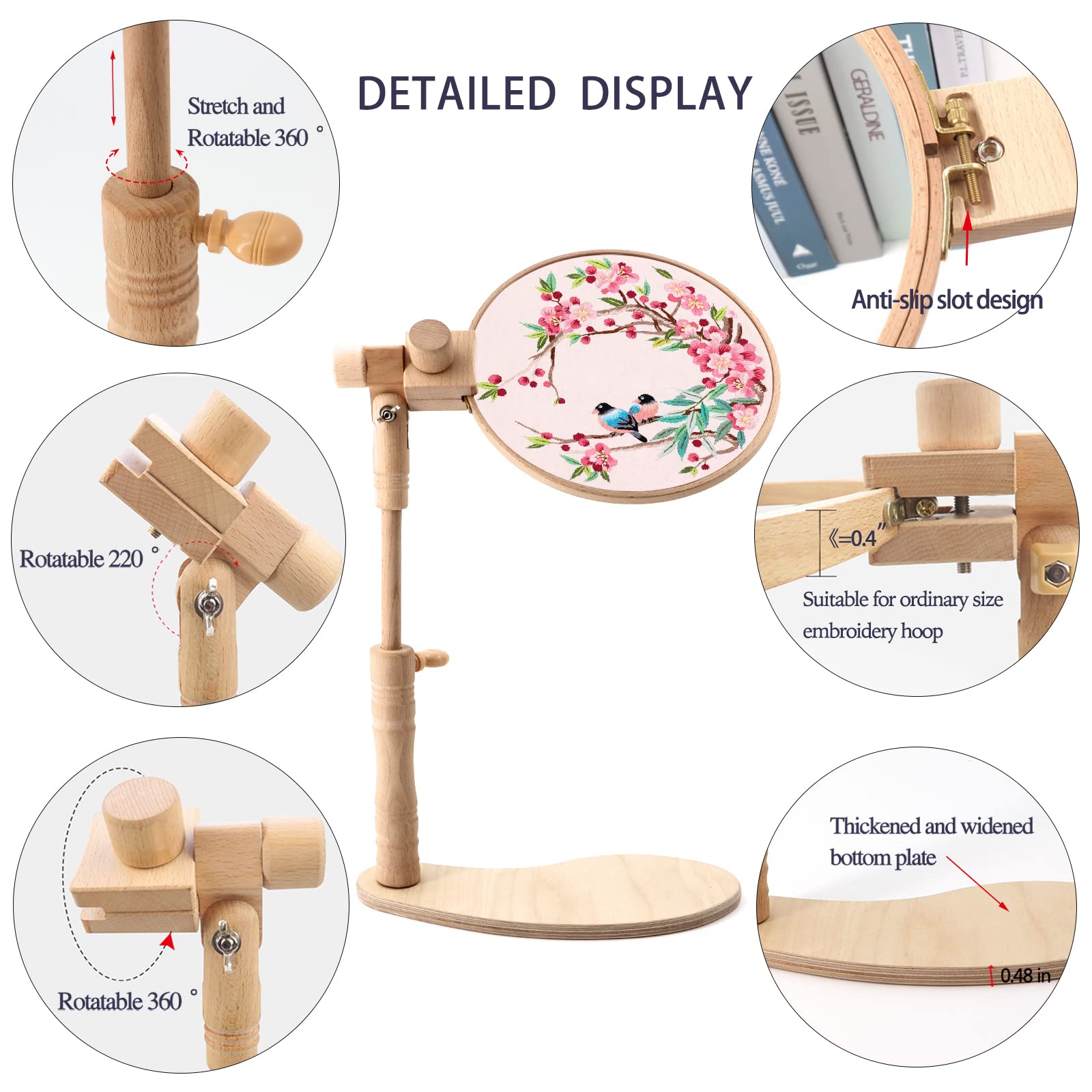 ZOCONE Beech Wood Adjustable Rotated Embroidery Hoop Stand with 2 Pcs 7'' 8'' Embroidery Hoops, Wooden Embroidery Stand, Embroidery Hoop Holder for Cross Stitch and Embroidery Project