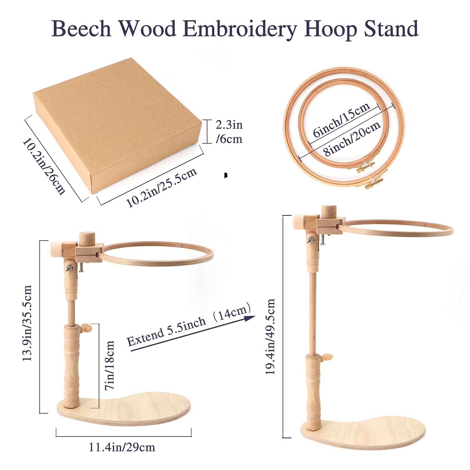 ZOCONE Beech Wood Adjustable Rotated Embroidery Hoop Stand with 2 Pcs 7'' 8'' Embroidery Hoops, Wooden Embroidery Stand, Embroidery Hoop Holder for Cross Stitch and Embroidery Project