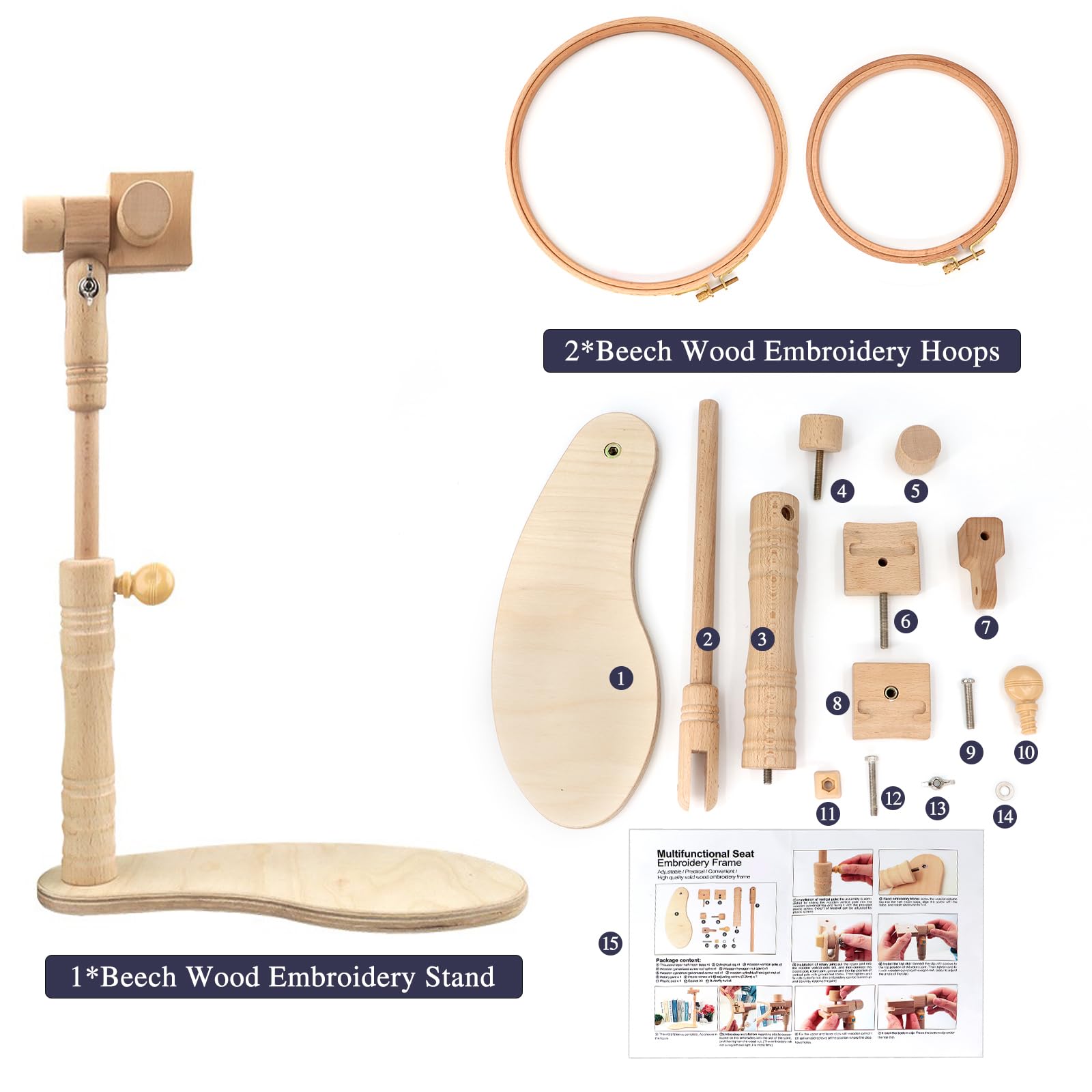 ZOCONE Beech Wood Adjustable Rotated Embroidery Hoop Stand with 2 Pcs 7'' 8'' Embroidery Hoops, Wooden Embroidery Stand, Embroidery Hoop Holder for Cross Stitch and Embroidery Project
