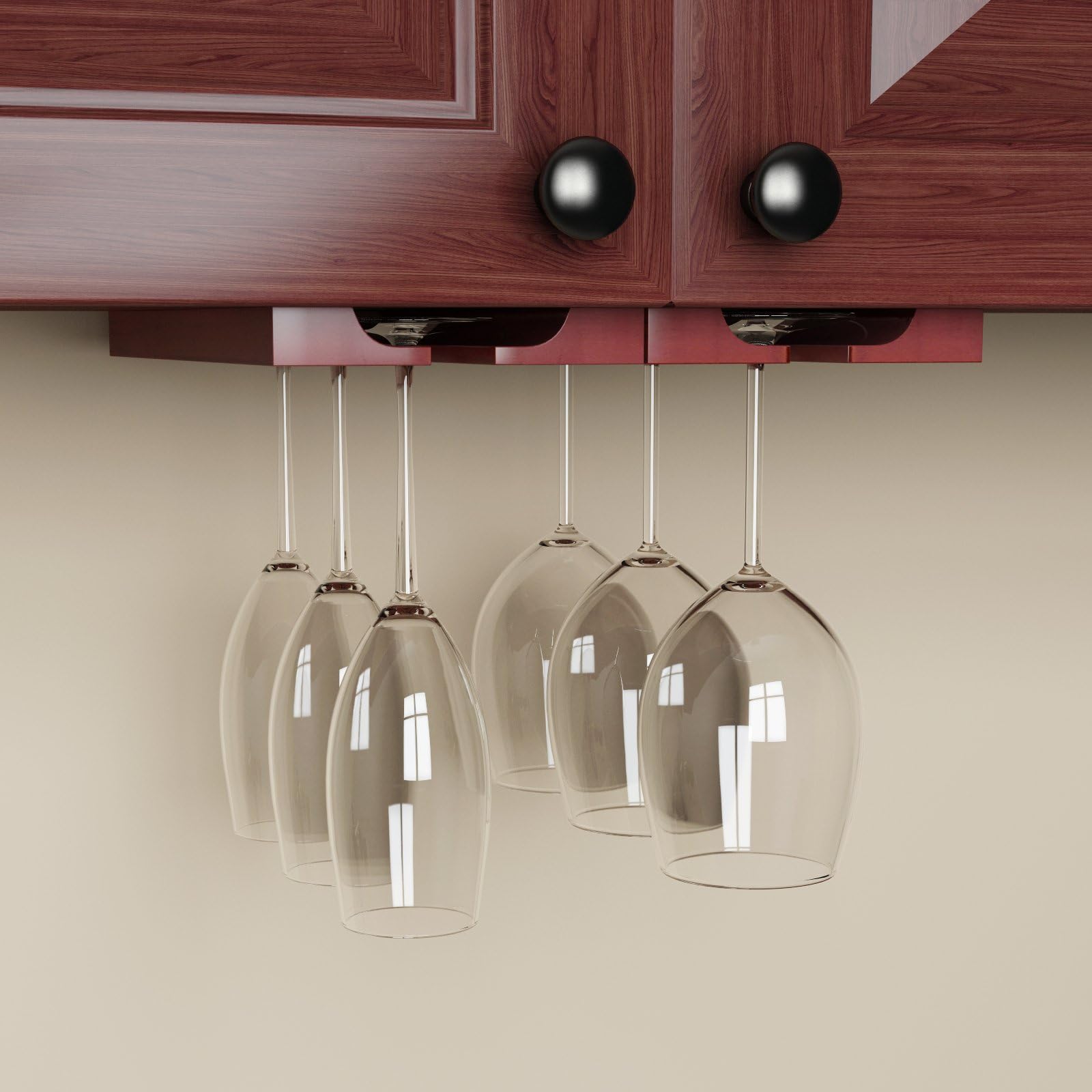 Rustic State 2 Sectional Adjustable Under Cabinet Mount Wood Stemware Rack Hanging Shelf Glassware Holder Bar Organizer with up to 6 Wine Glass Storage 11 Inch Deep Mahogany
