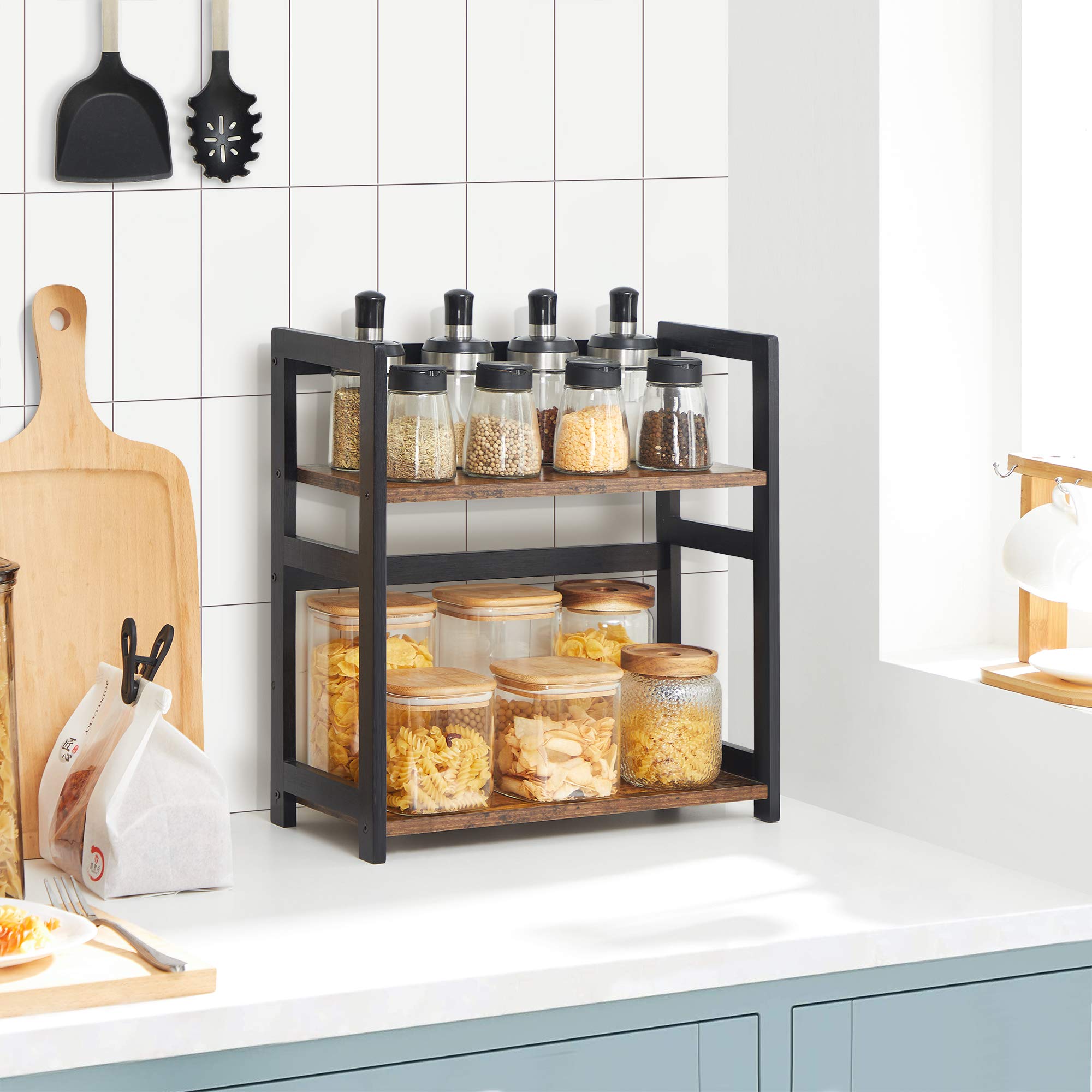 SONGMICS Spice Rack, 2-Tier Counter Shelf, Desktop Storage Organizer, for Countertop, Kitchen, Office, Living Room, Rustic Brown and Black UOFS046B01