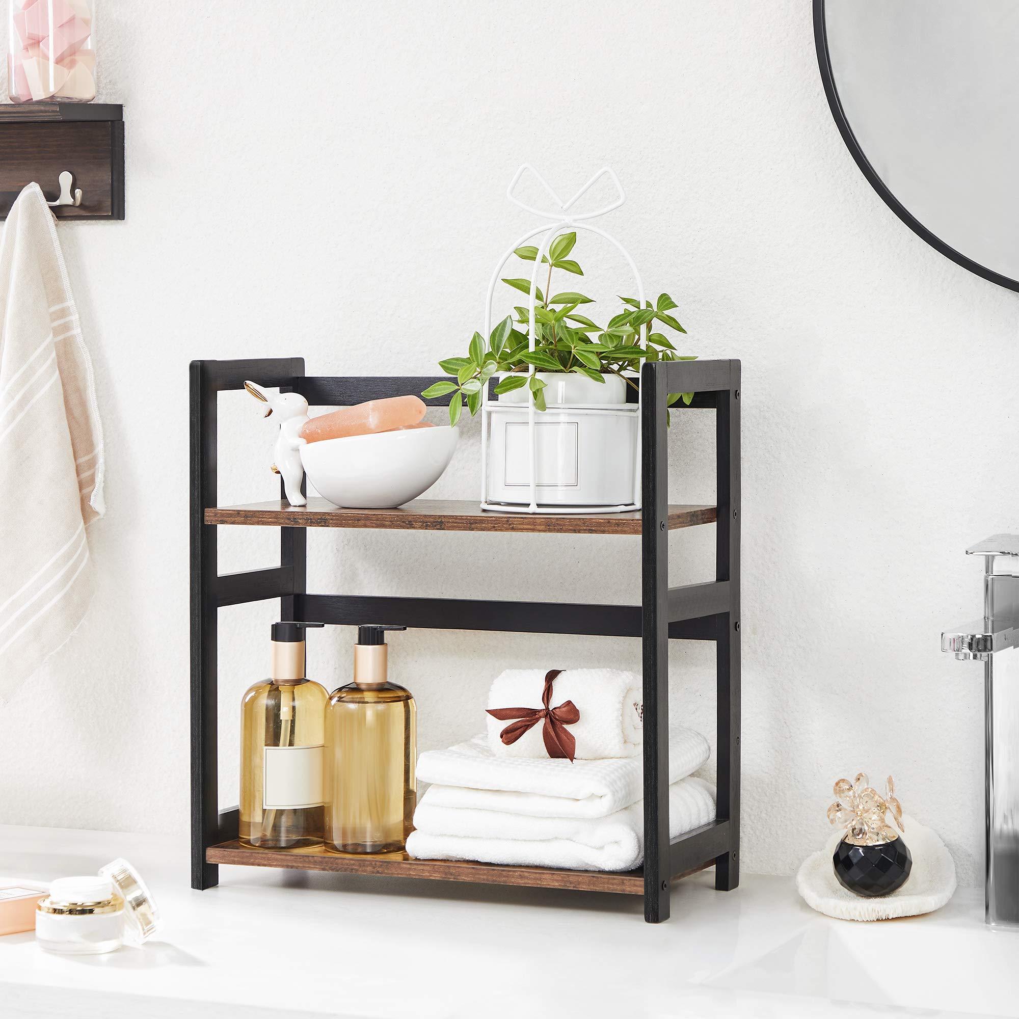 SONGMICS Spice Rack, 2-Tier Counter Shelf, Desktop Storage Organizer, for Countertop, Kitchen, Office, Living Room, Rustic Brown and Black UOFS046B01