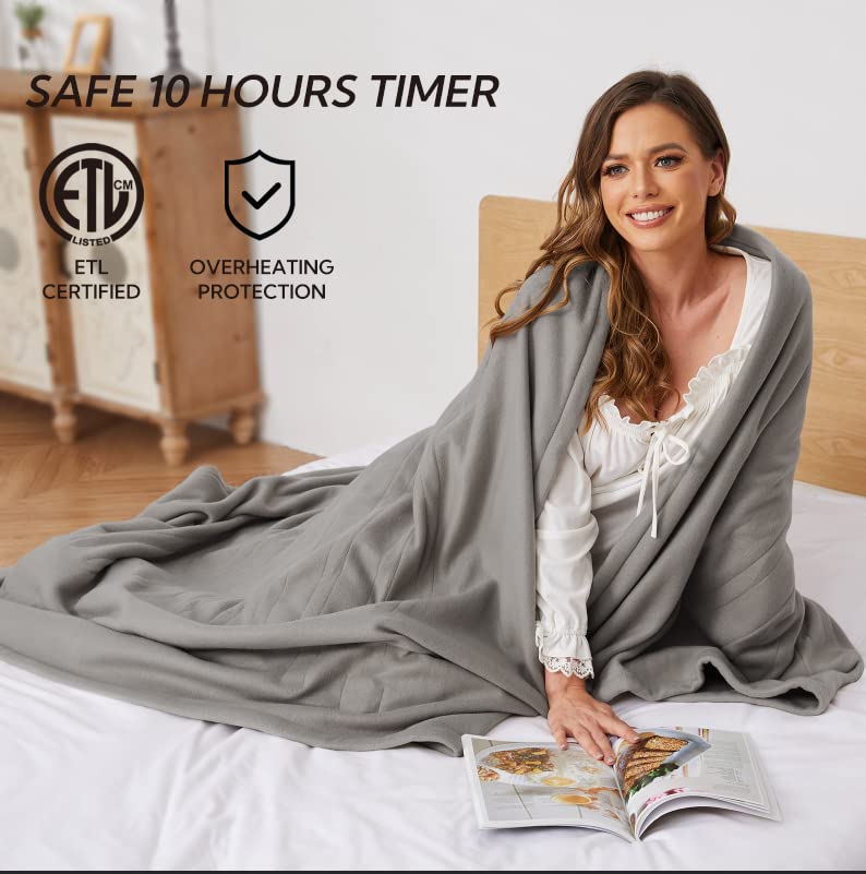 SUNNY HEAT Heated Electric Blanket Full Size 72" x 84" Quilted Fleece, Fast Heating Soft and Cozy Blanket for Bed Full-Body Coverage 4 Heating Levels & 10 Hours Timer Settings , Machine Washable, Grey
