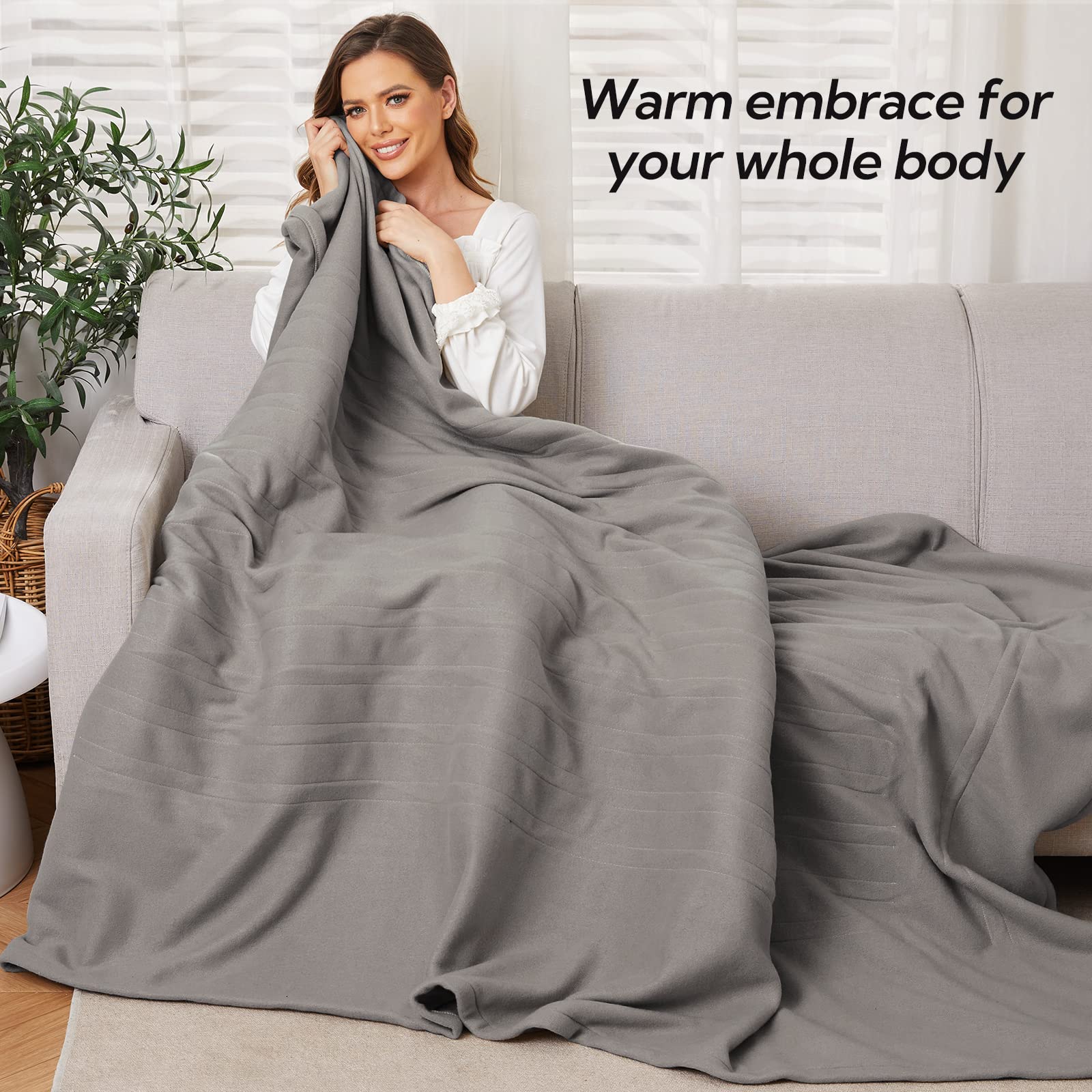 SUNNY HEAT Heated Electric Blanket Full Size 72" x 84" Quilted Fleece, Fast Heating Soft and Cozy Blanket for Bed Full-Body Coverage 4 Heating Levels & 10 Hours Timer Settings , Machine Washable, Grey