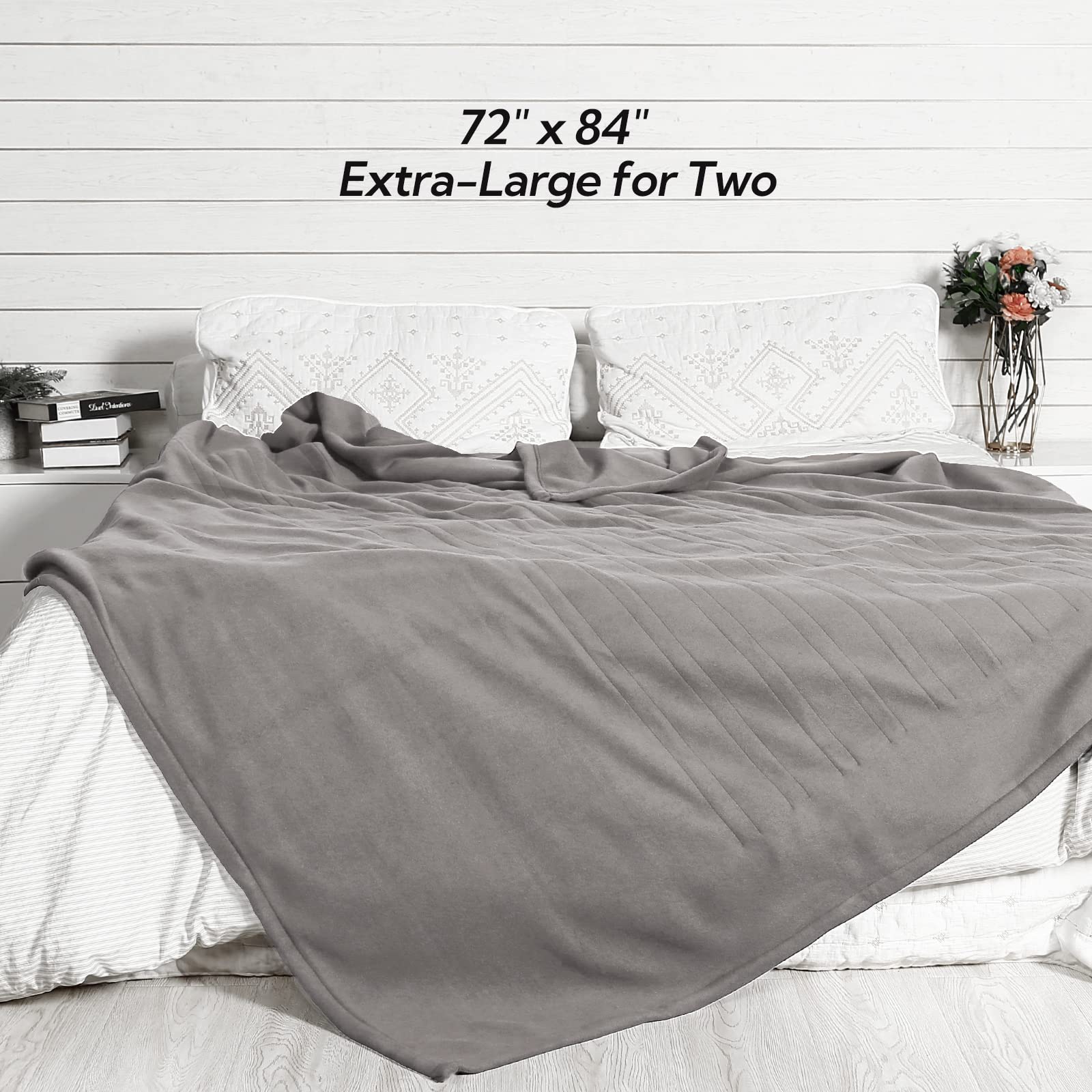 SUNNY HEAT Heated Electric Blanket Full Size 72" x 84" Quilted Fleece, Fast Heating Soft and Cozy Blanket for Bed Full-Body Coverage 4 Heating Levels & 10 Hours Timer Settings , Machine Washable, Grey