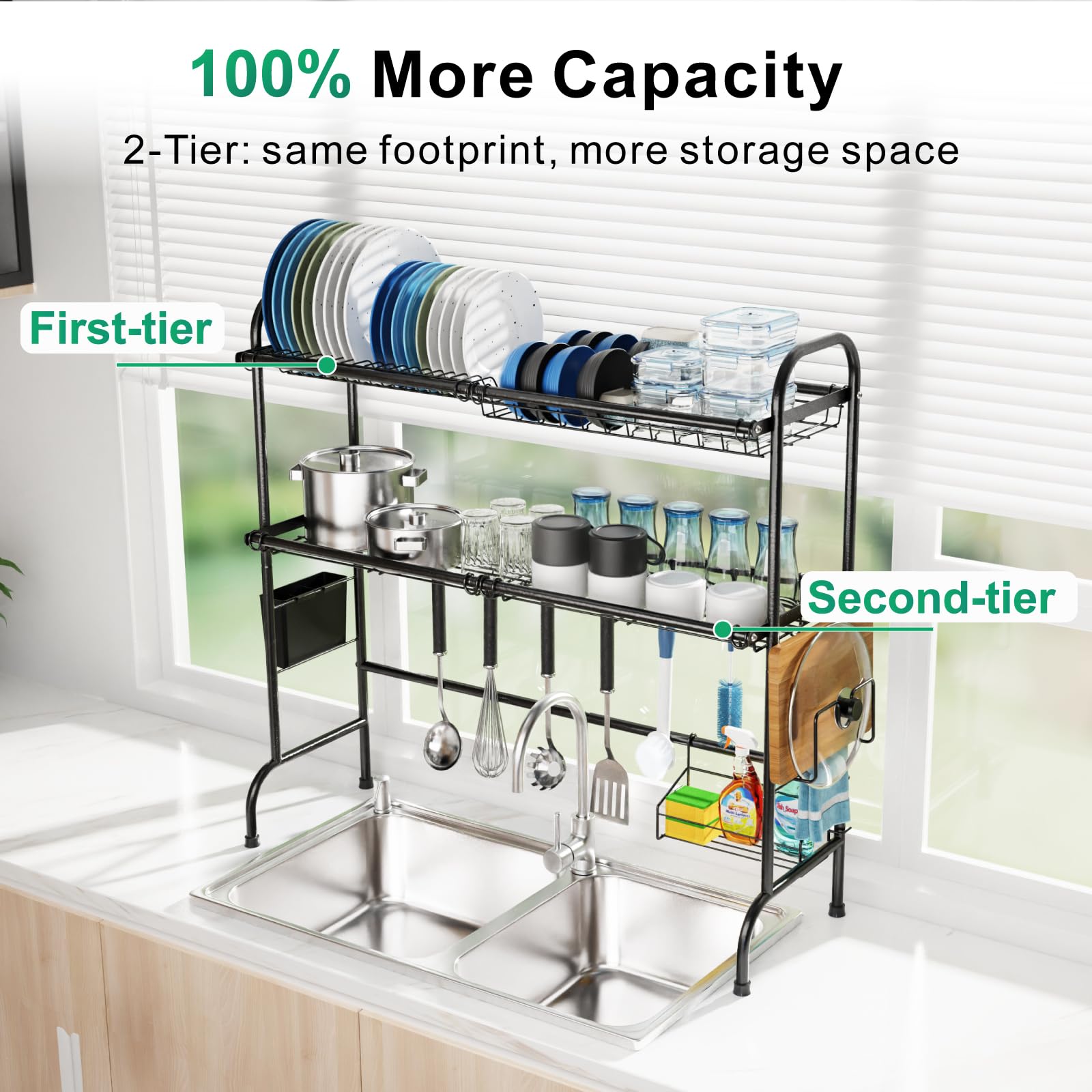 GSlife Over The Sink Dish Drying Rack Stainless Steel 2 Tier Dish Rack Above Kitchen Sink Shelf Durable Dish Drainer, Black