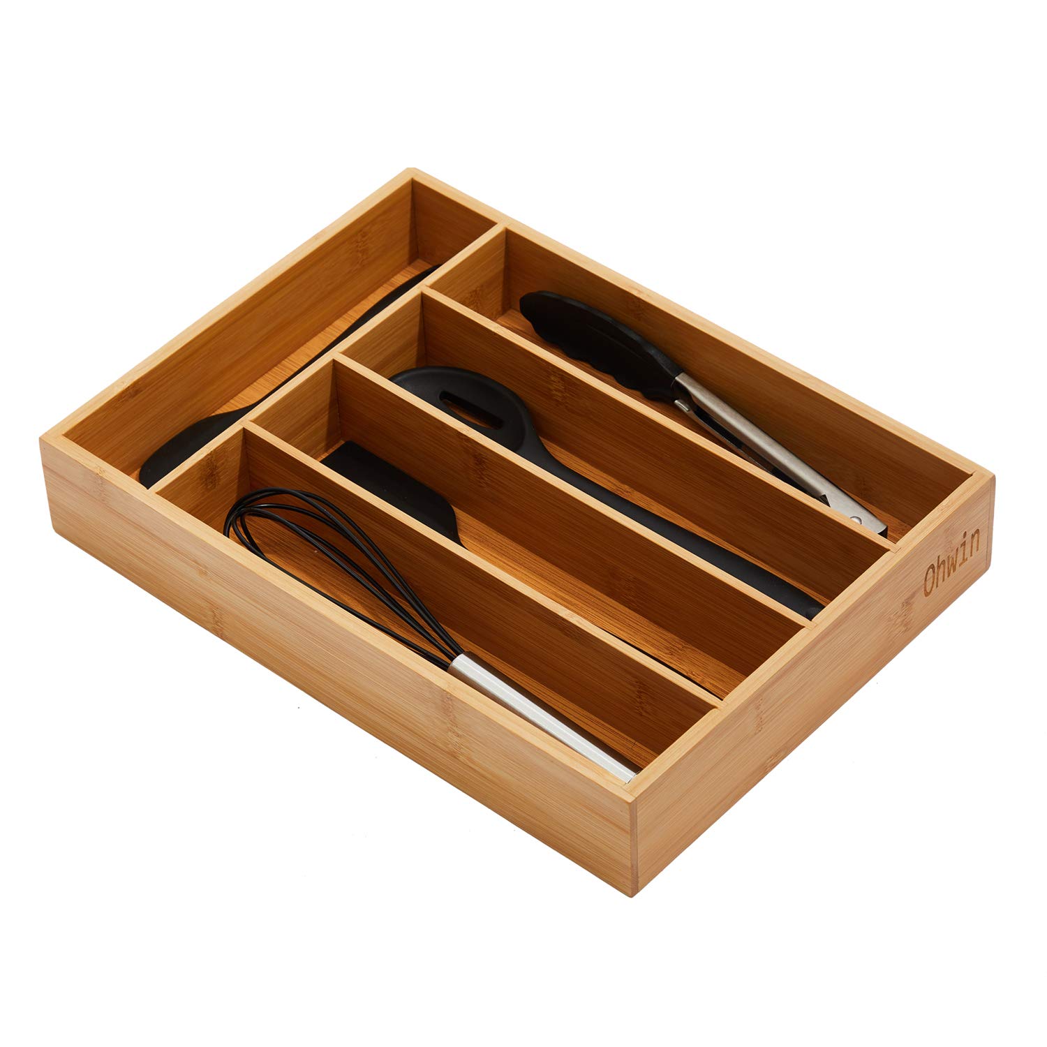 Ohwin Bamboo Drawer Organizers Kitchen Silverware Organizer with 5 Compartments, Flatware Drawer Organizer Tray - Bamboo Hardware Organizer Cutlery and Utensil Tray, Perfect for the Kitchen, Bathroom
