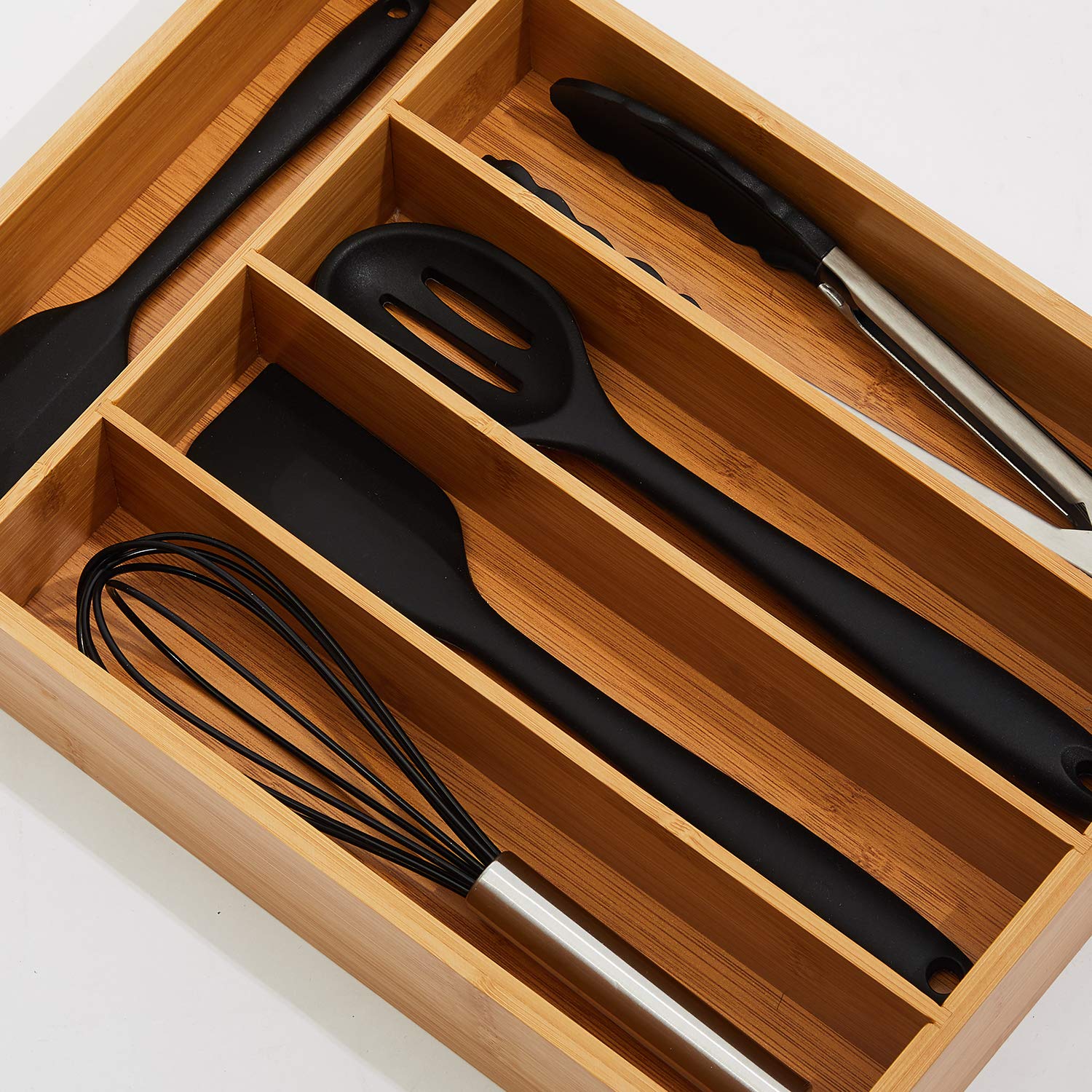 Ohwin Bamboo Drawer Organizers Kitchen Silverware Organizer with 5 Compartments, Flatware Drawer Organizer Tray - Bamboo Hardware Organizer Cutlery and Utensil Tray, Perfect for the Kitchen, Bathroom
