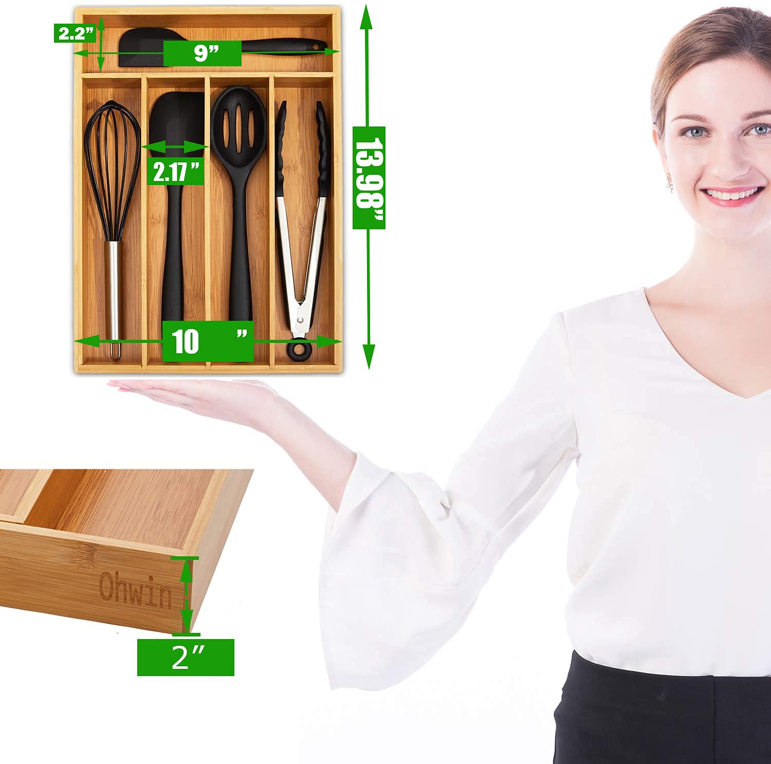 Ohwin Bamboo Drawer Organizers Kitchen Silverware Organizer with 5 Compartments, Flatware Drawer Organizer Tray - Bamboo Hardware Organizer Cutlery and Utensil Tray, Perfect for the Kitchen, Bathroom