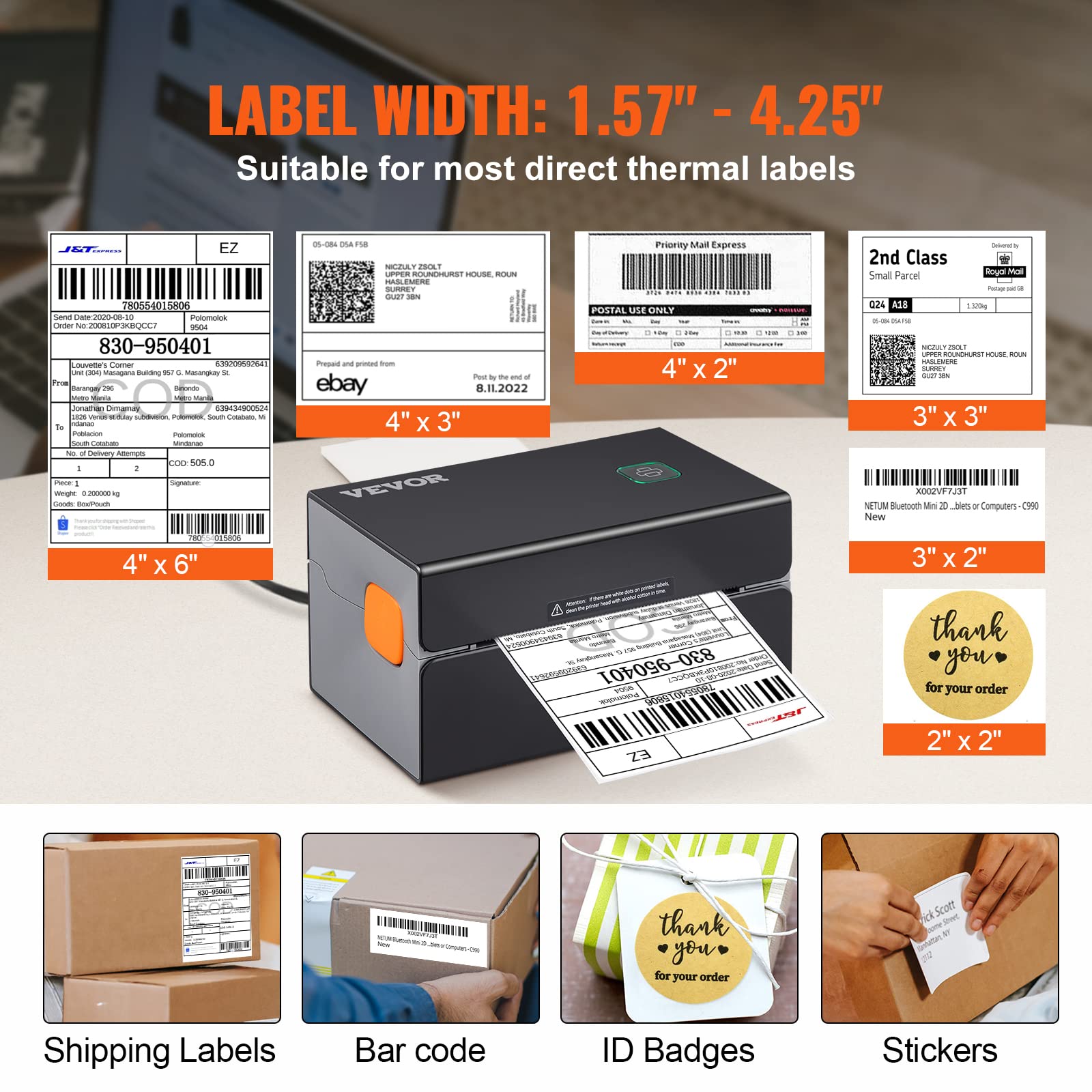 VEVOR HD(300DPI) Thermal Label Printer, Shipping Label Printer w/Auto Label Recognition, Support Windows/MacOS/Linux/Chromebook, Compatible w/Amazon, Ebay, Shopify, USPS, Etsy, UPS, etc.
