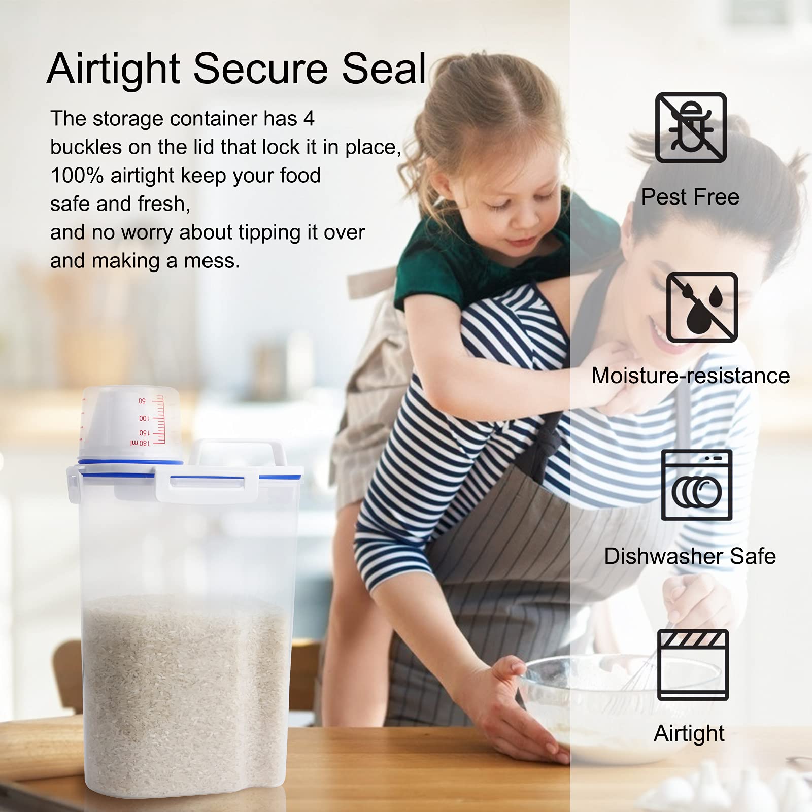 JCSHIMO Airtight Rice Storage Container, BPA Free Plastic Dry Food Container Cereal Storage Bin with Pouring Spout, Measuring Cup Food Dispenser for Cereal Beans Flour Sugar