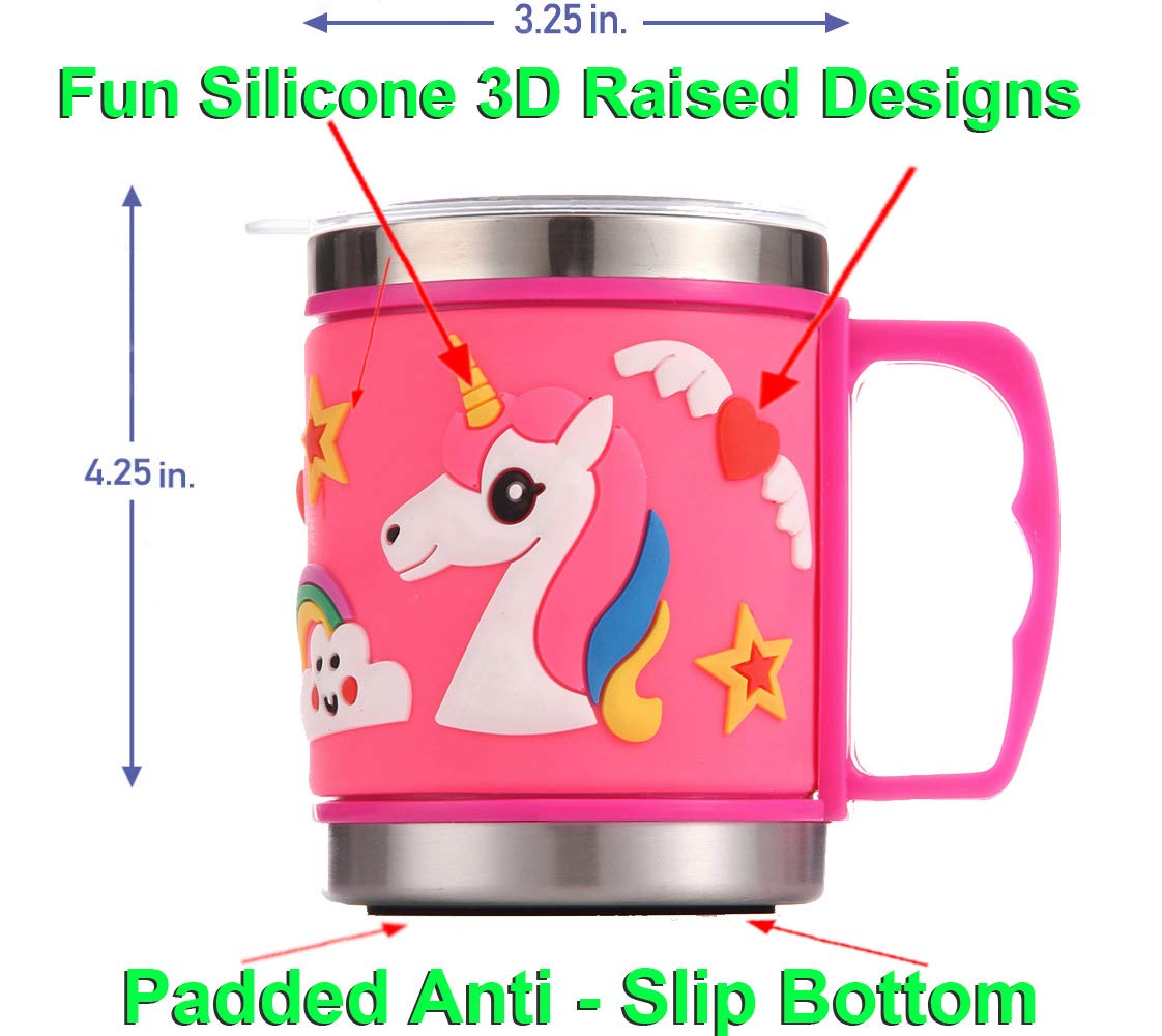 F-32 12 Oz Kids Stainless Steel Unicorn Pink 3D Mug with 2 Pack Slider Closure Lids - Eco-Friendly - BPA Free Signature Collection (Unicorn Pink)