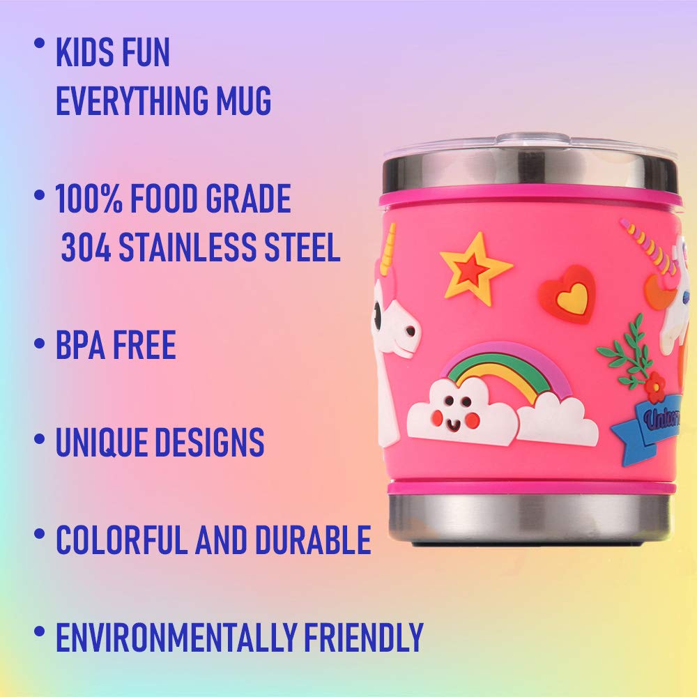 F-32 12 Oz Kids Stainless Steel Unicorn Pink 3D Mug with 2 Pack Slider Closure Lids - Eco-Friendly - BPA Free Signature Collection (Unicorn Pink)