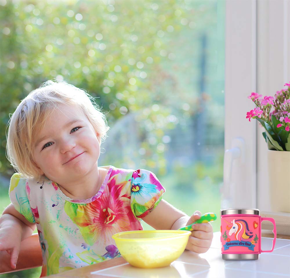 F-32 12 Oz Kids Stainless Steel Unicorn Pink 3D Mug with 2 Pack Slider Closure Lids - Eco-Friendly - BPA Free Signature Collection (Unicorn Pink)