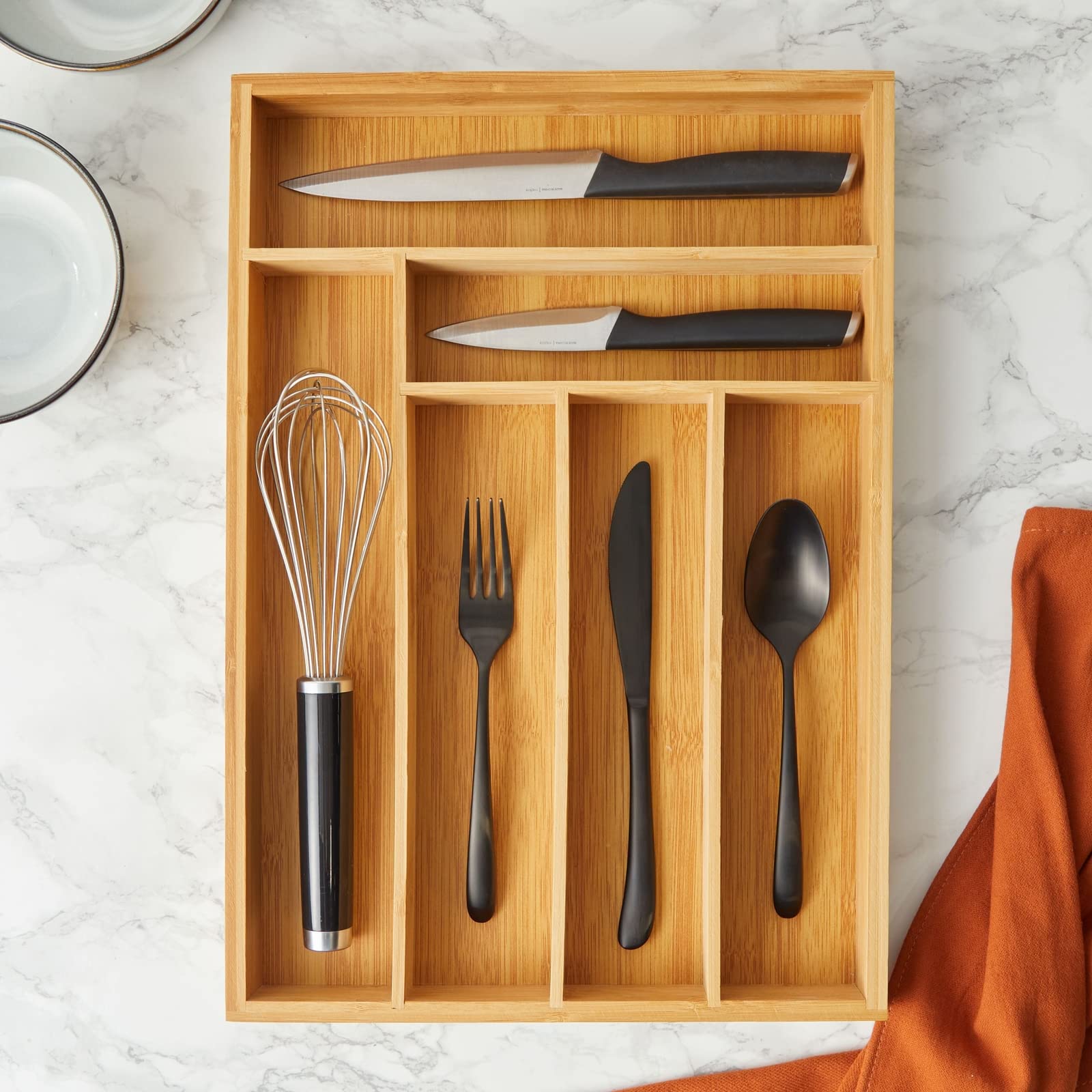 Juvale Bamboo Silverware Drawer Organizer, Wooden Cutlery Tray Holder for Kitchen, Flatware & Utensil Storage with 6 Slots, 17 x 11.75 x 1.75 Inches