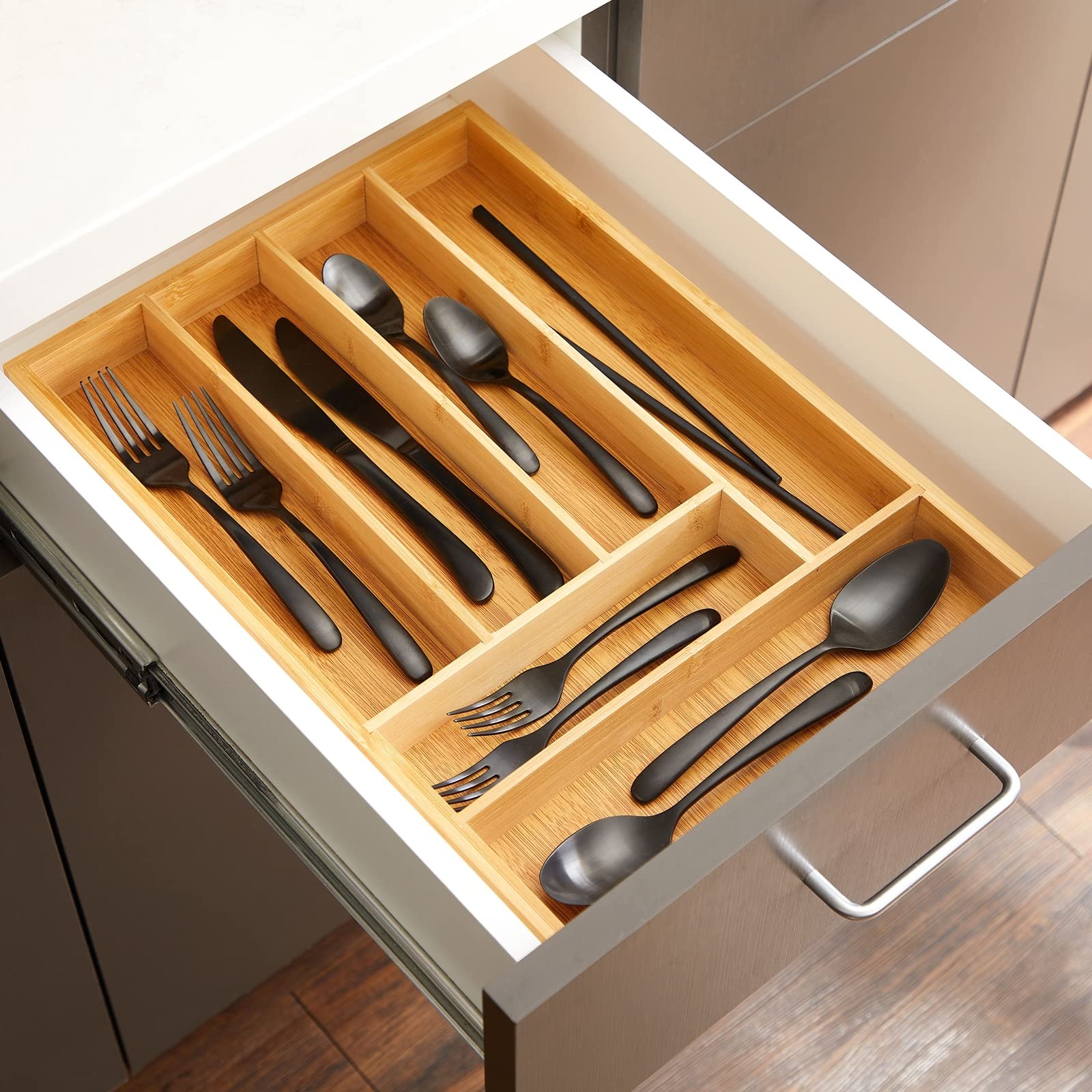 Juvale Bamboo Silverware Drawer Organizer, Wooden Cutlery Tray Holder for Kitchen, Flatware & Utensil Storage with 6 Slots, 17 x 11.75 x 1.75 Inches