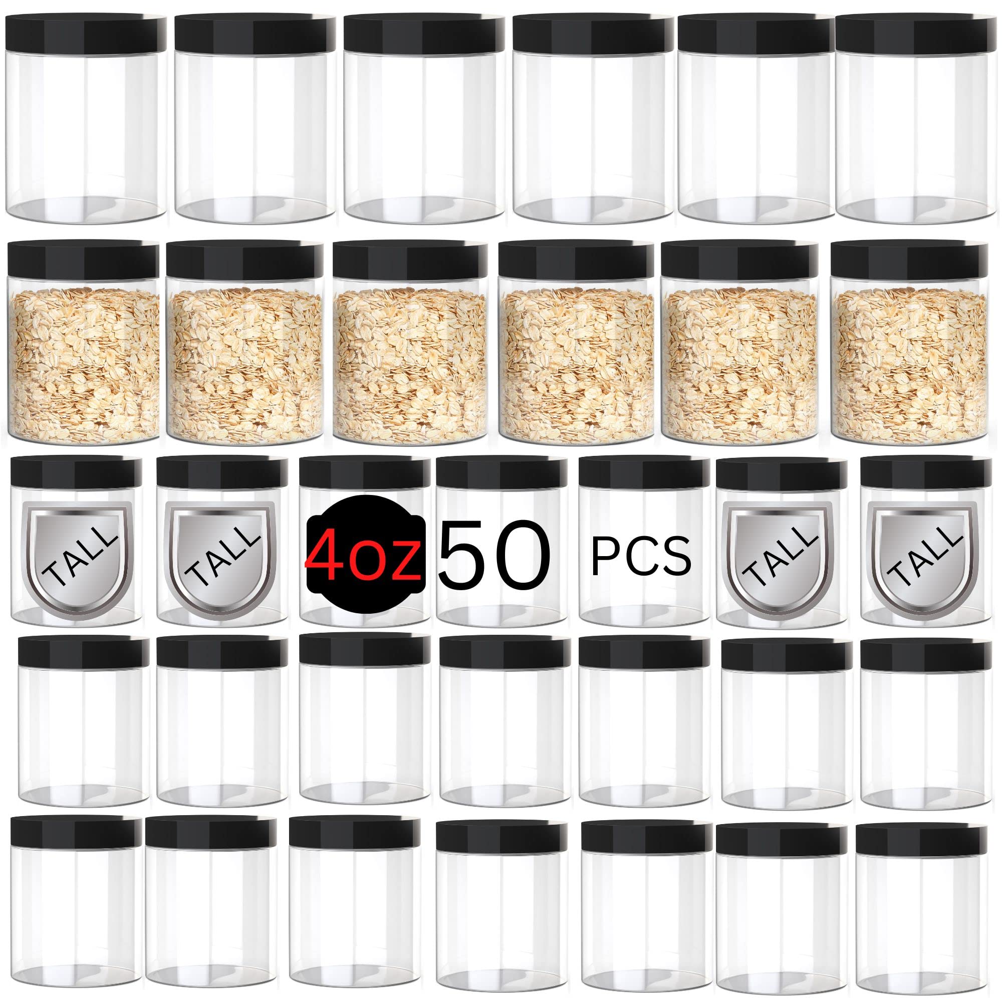 ZAVBE 4oz Container with Lids 50 Pack Clear Plastic Round Storage Jars Tall Height 6.2cm for Refillable Liquid and Solid Body butter